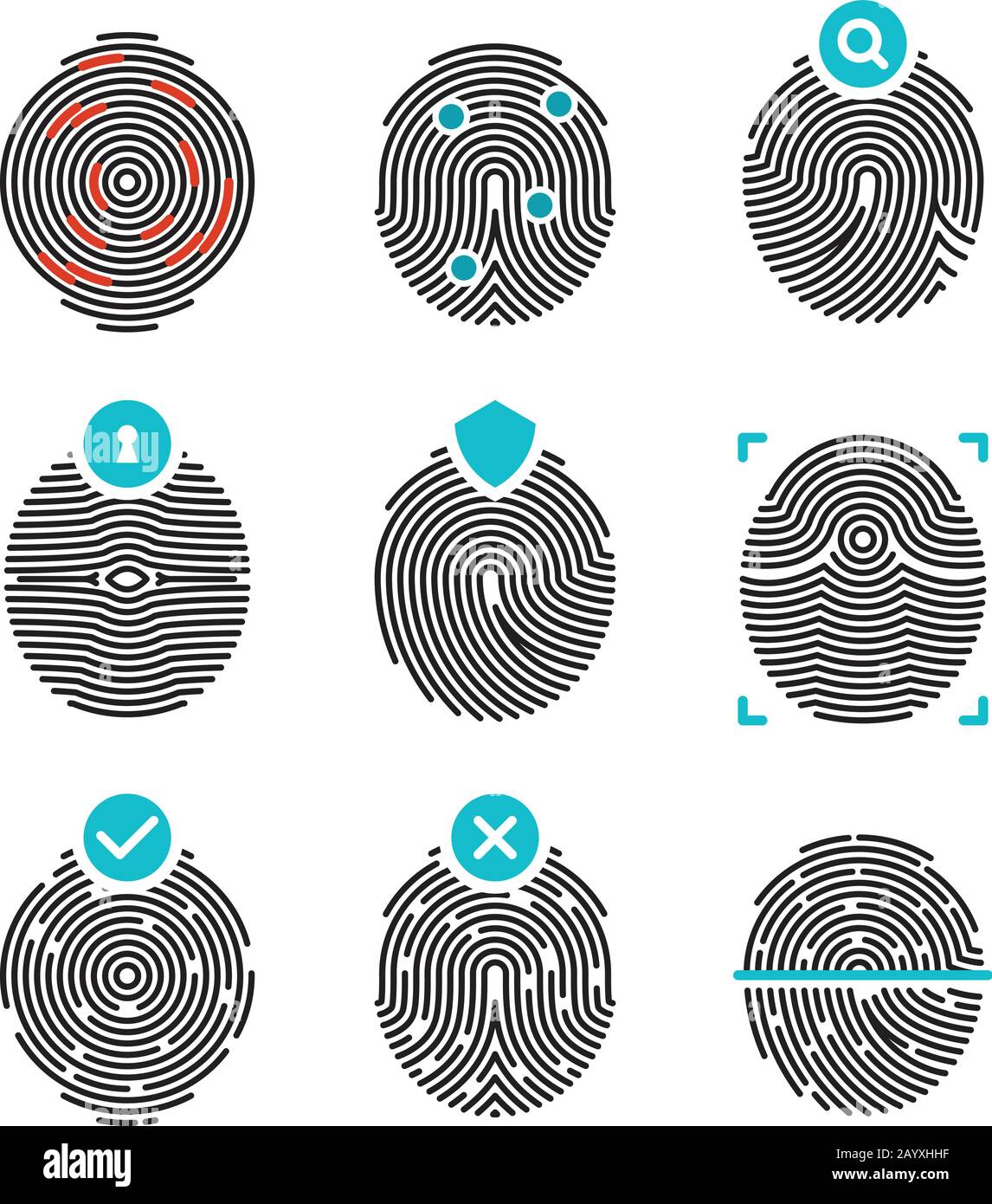 Fingerprint vector icons. Identity finger print or thumbprint set, security biometric symbols ...