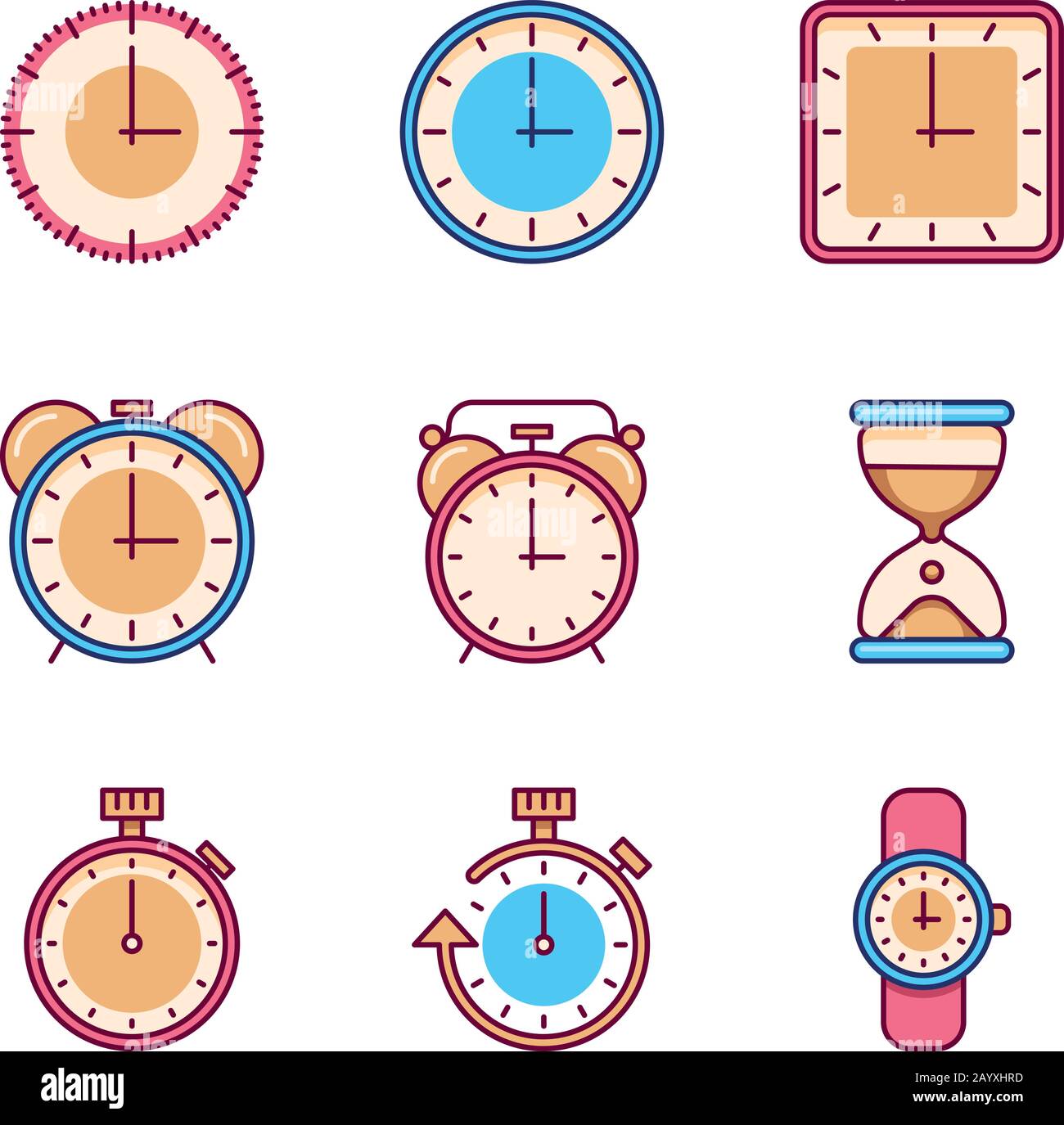 Alarm clock, timer, watch flat vector icons. Tine clock object set and ...