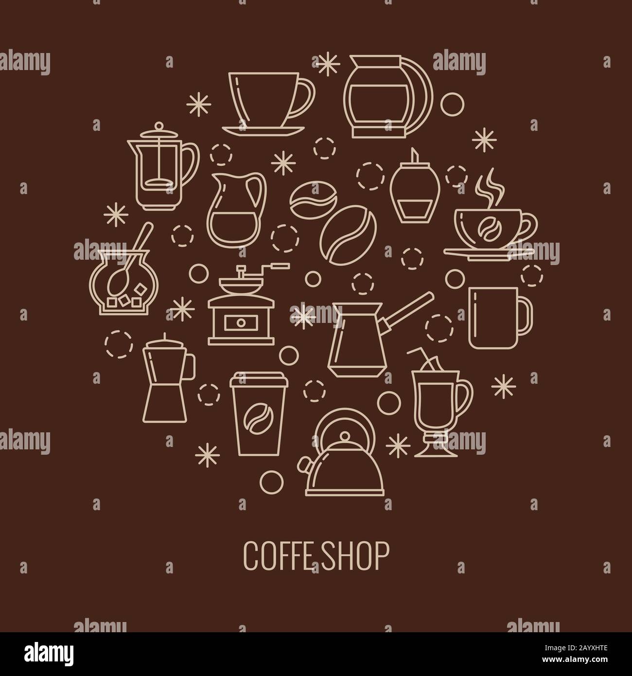 Coffee outline icons in circle design. Trendy thin line logo for cafe ...