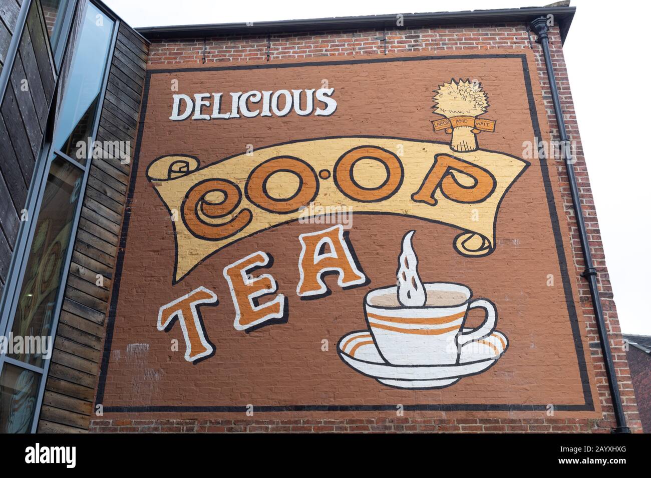 An advert for Co-op tea painted on the side of Toad Lane Museum ...