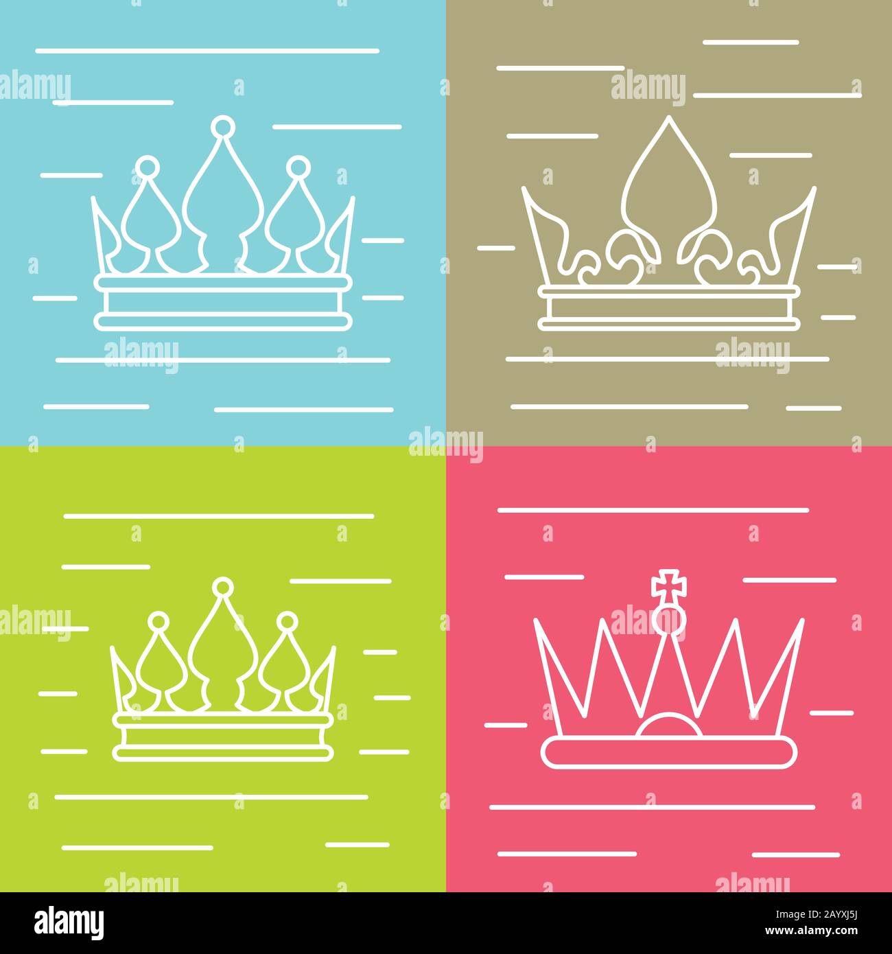 White line crown icons on color background. Linear crown for queen ...
