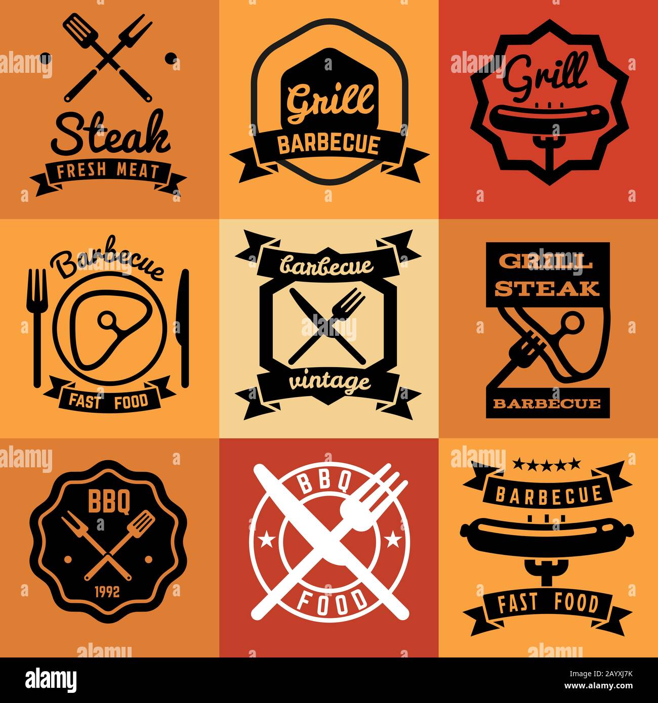 Barbecue party vintage vector emblems, labels, logos for BBQ steak ...