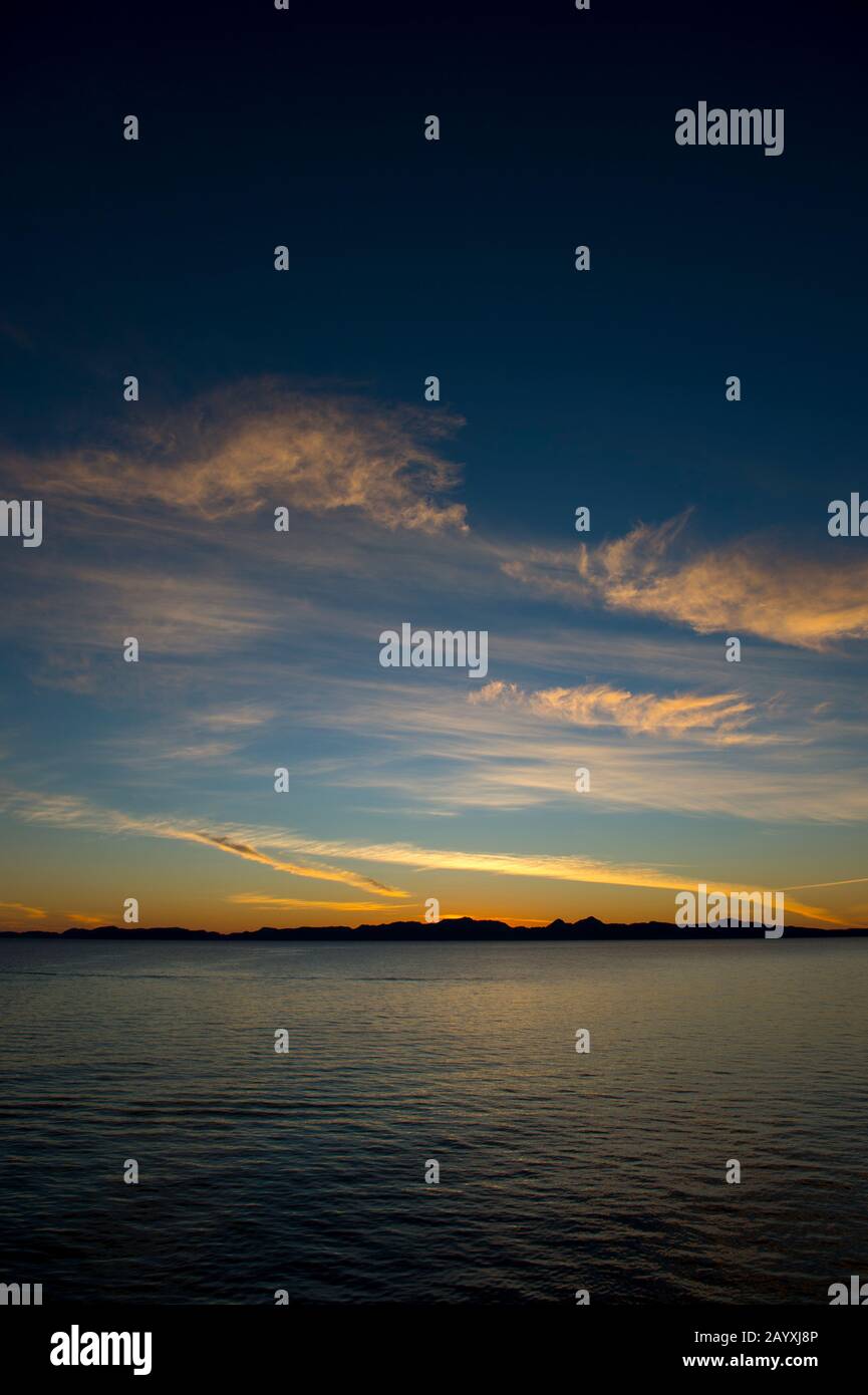 Sunrise over Isla Carmen seen from the town of Loreto, Sea of Cortez ...