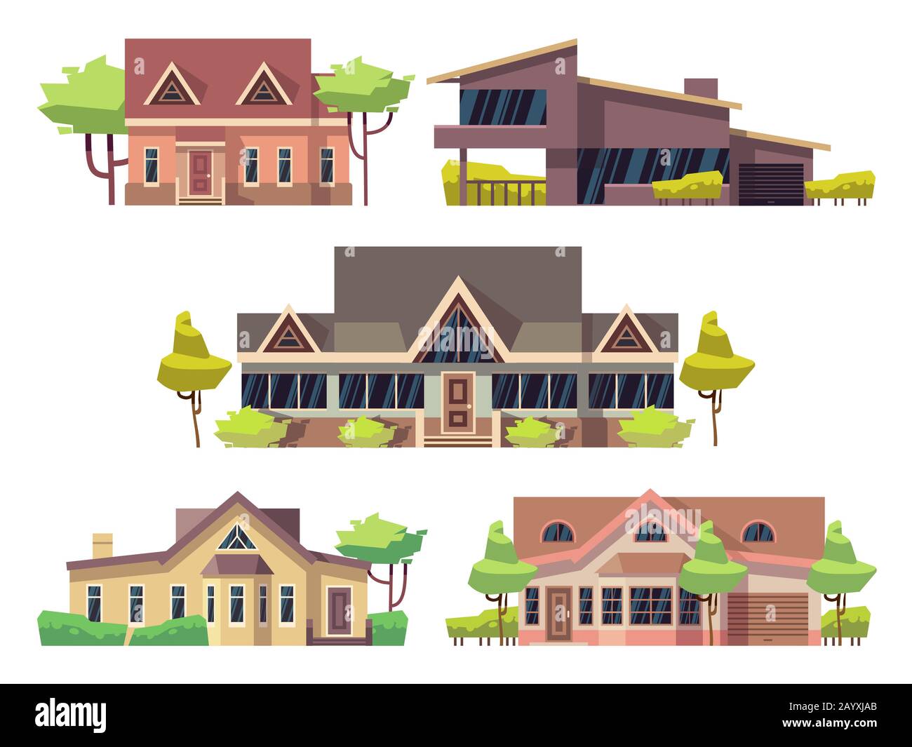 Private residential cottage houses flat vector icons. Set of modern ...