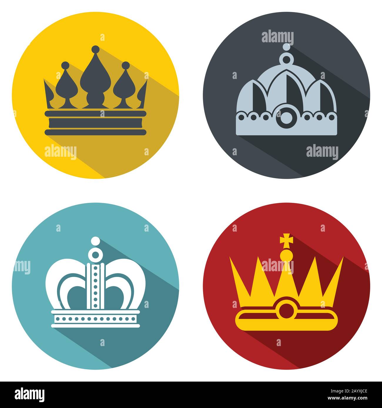Flat crown icons with long shadow on color background. Set of royal ...