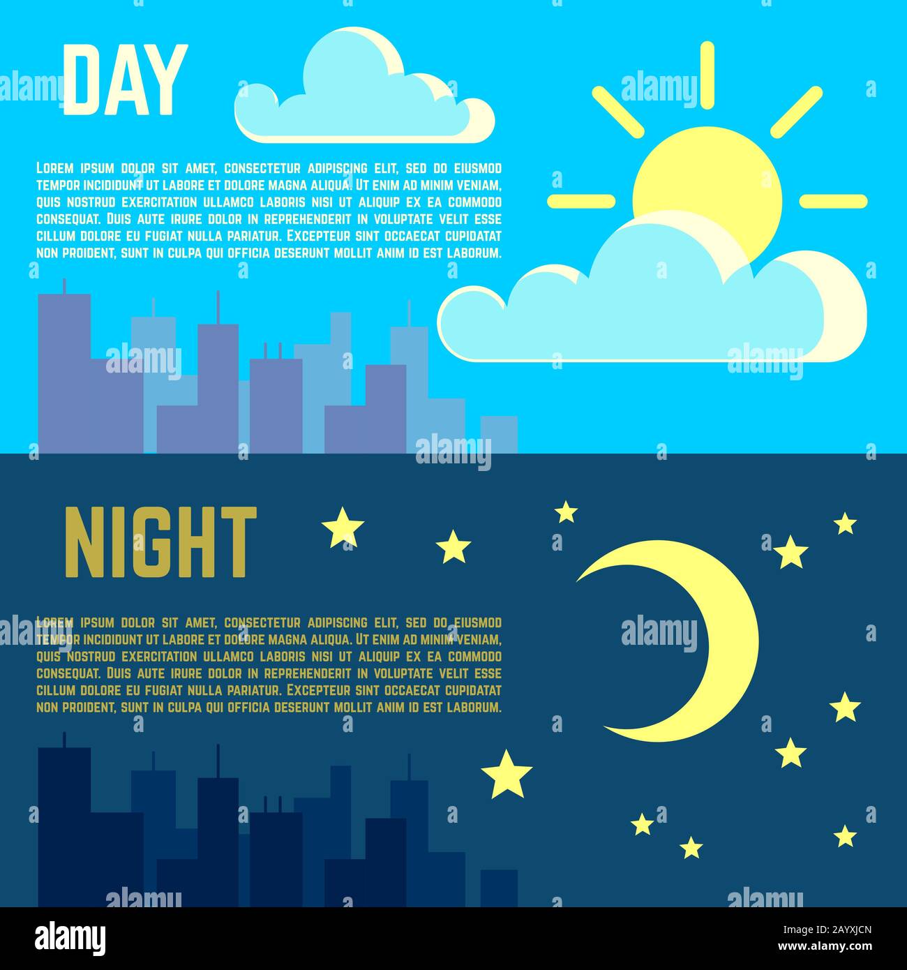 Day and night vector banners flat sun moon symbols. Moon and sun ...