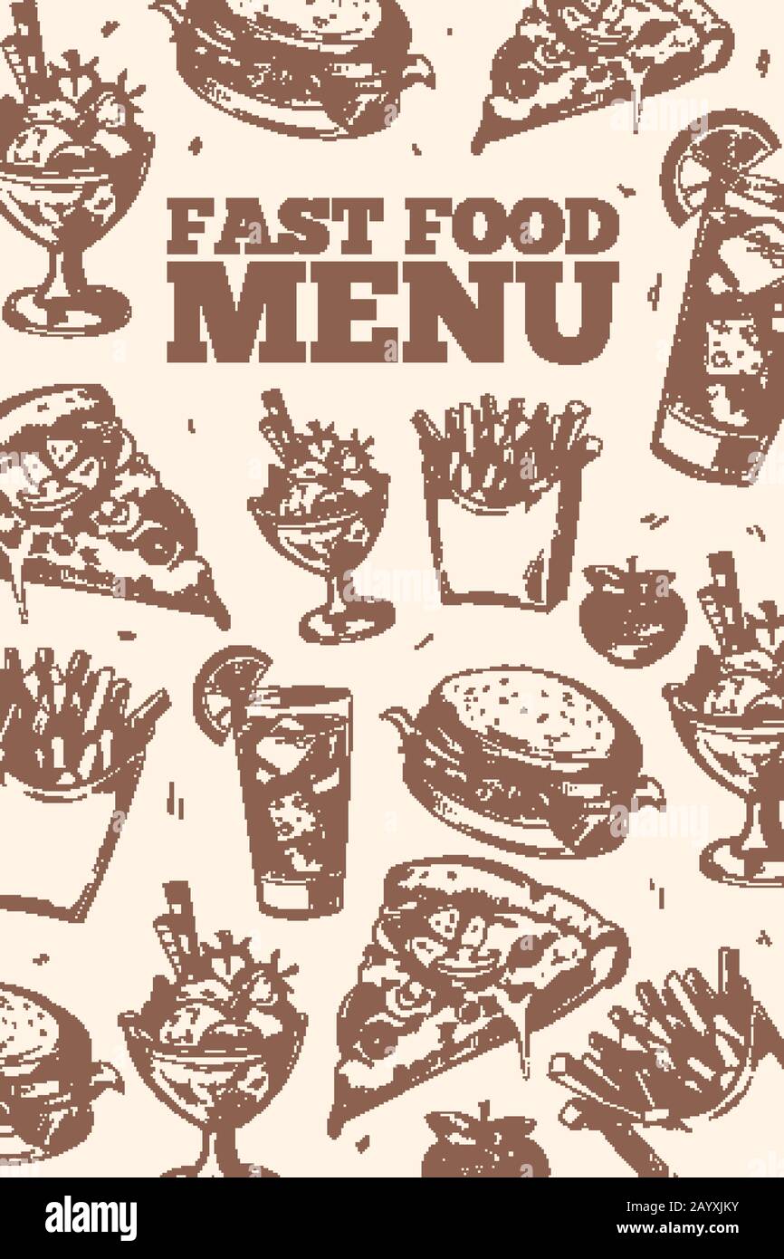 Fast food doodles vector background. Pattern with fast food pizza and ...