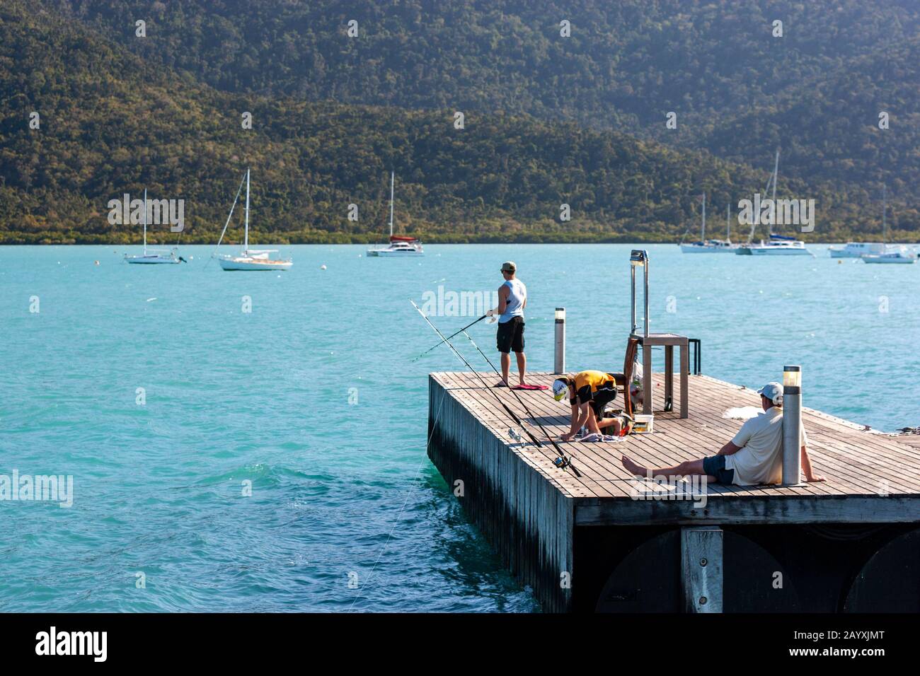 Young boys fishing with rod in the jetty of Shute Harbour, Queensland ...