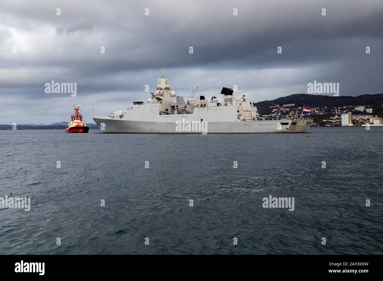 Dutch warship, frigate HNLMS Evertsen F805, departing from the port of ...
