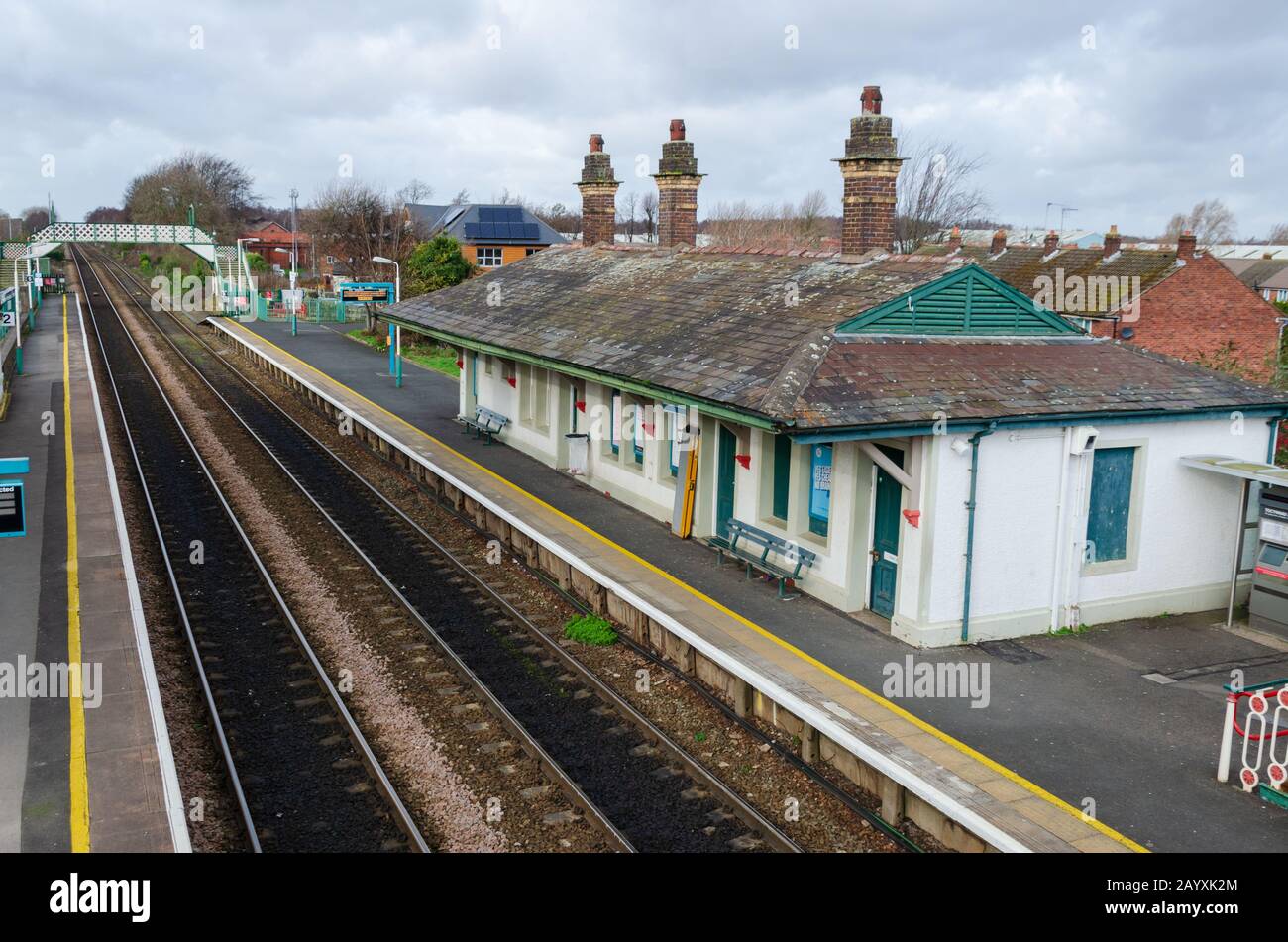 Flint, UK: Feb 11, 2020: The 2 platform Flint railway station lies on ...