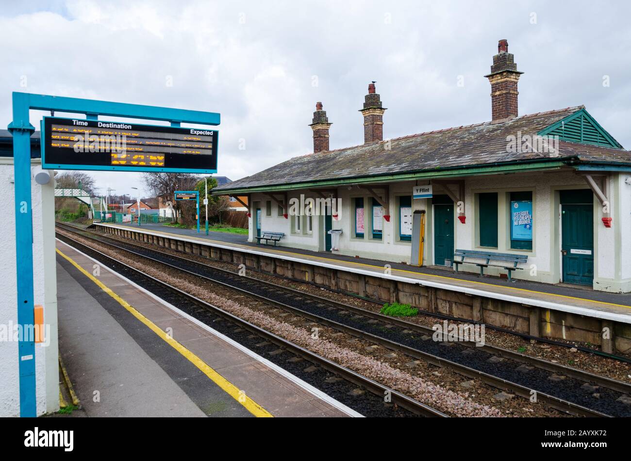 Flint, UK: Feb 11, 2020: The 2 platform Flint railway station lies on ...