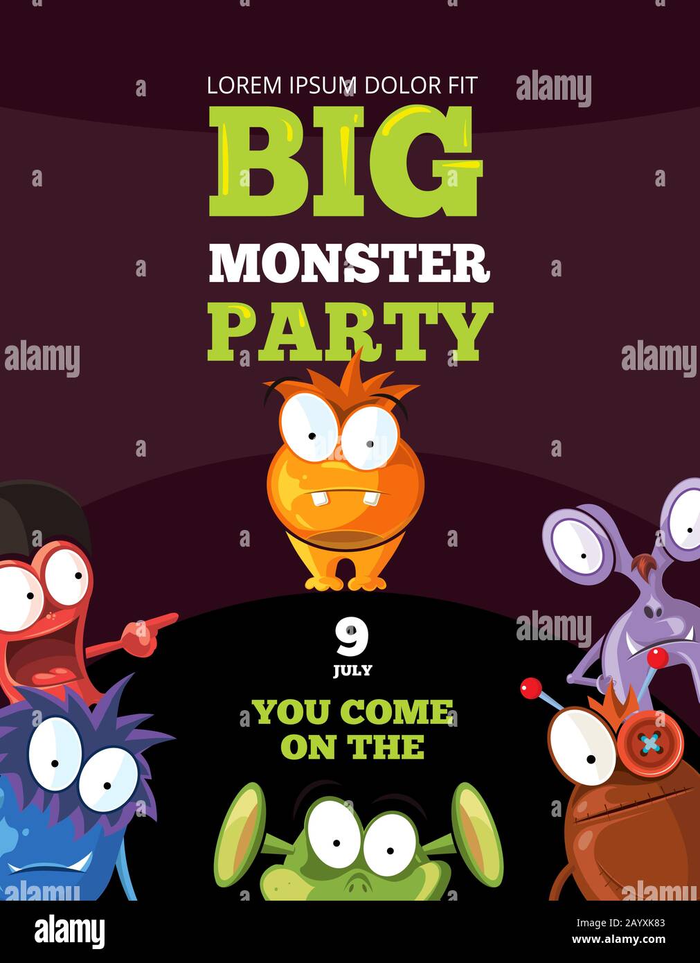 Monster party card, invitation, poster, backdrop vector template. Happy ...