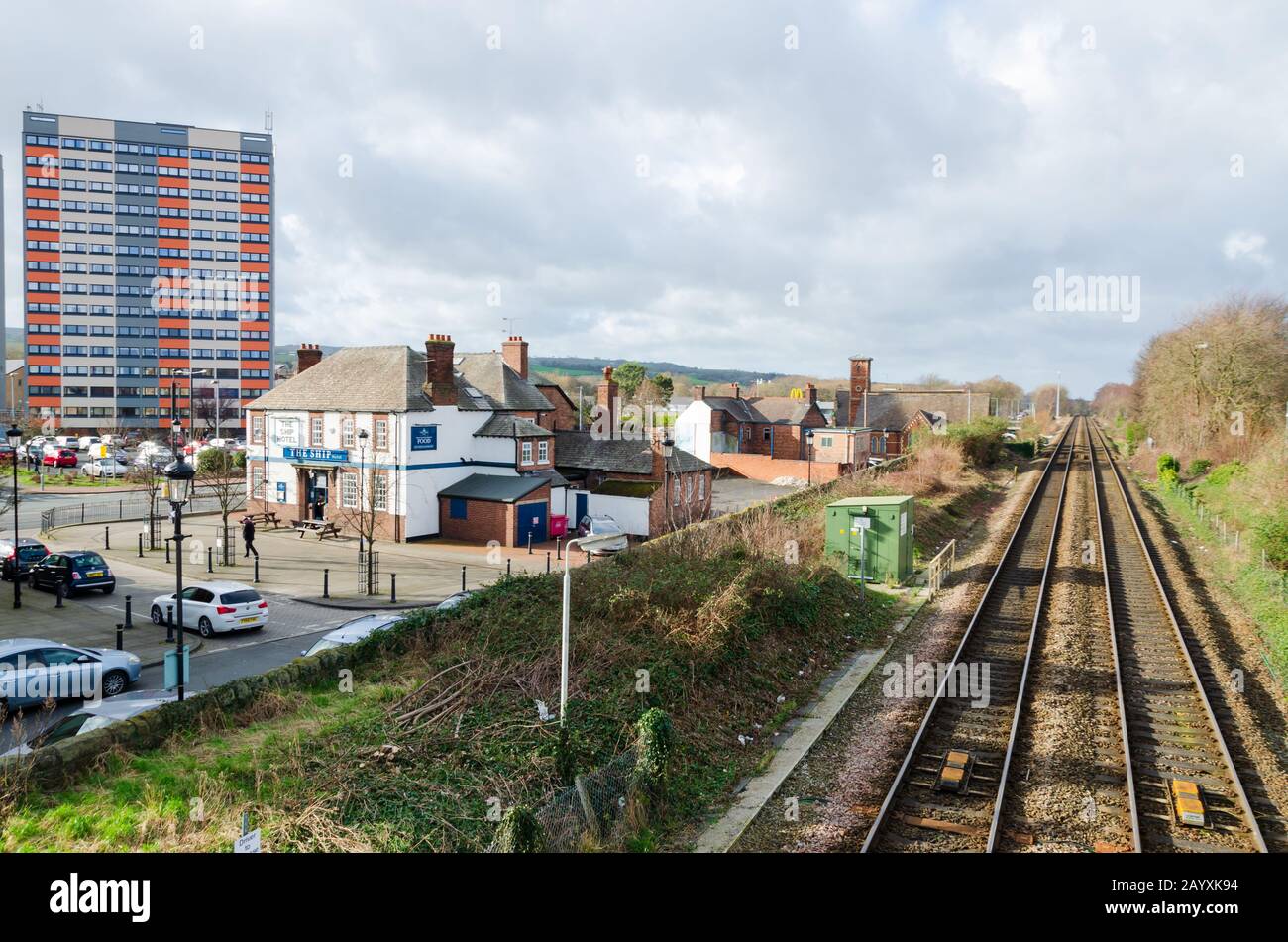 Flint, UK: Feb 11, 2020: A view from the pedestrian footbridge which ...
