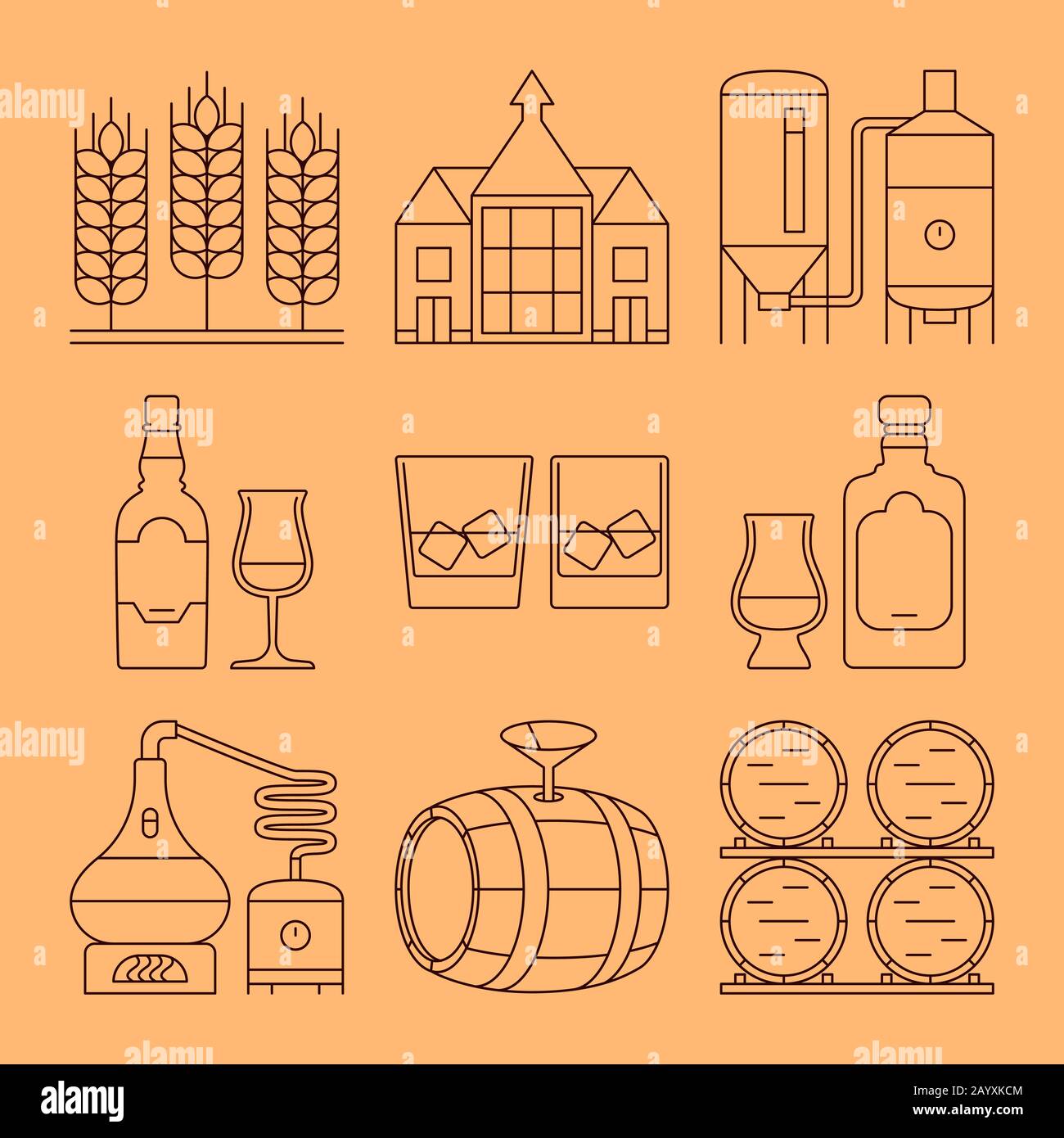 Whisky line vector icons set. Whisky process and industry outline ...