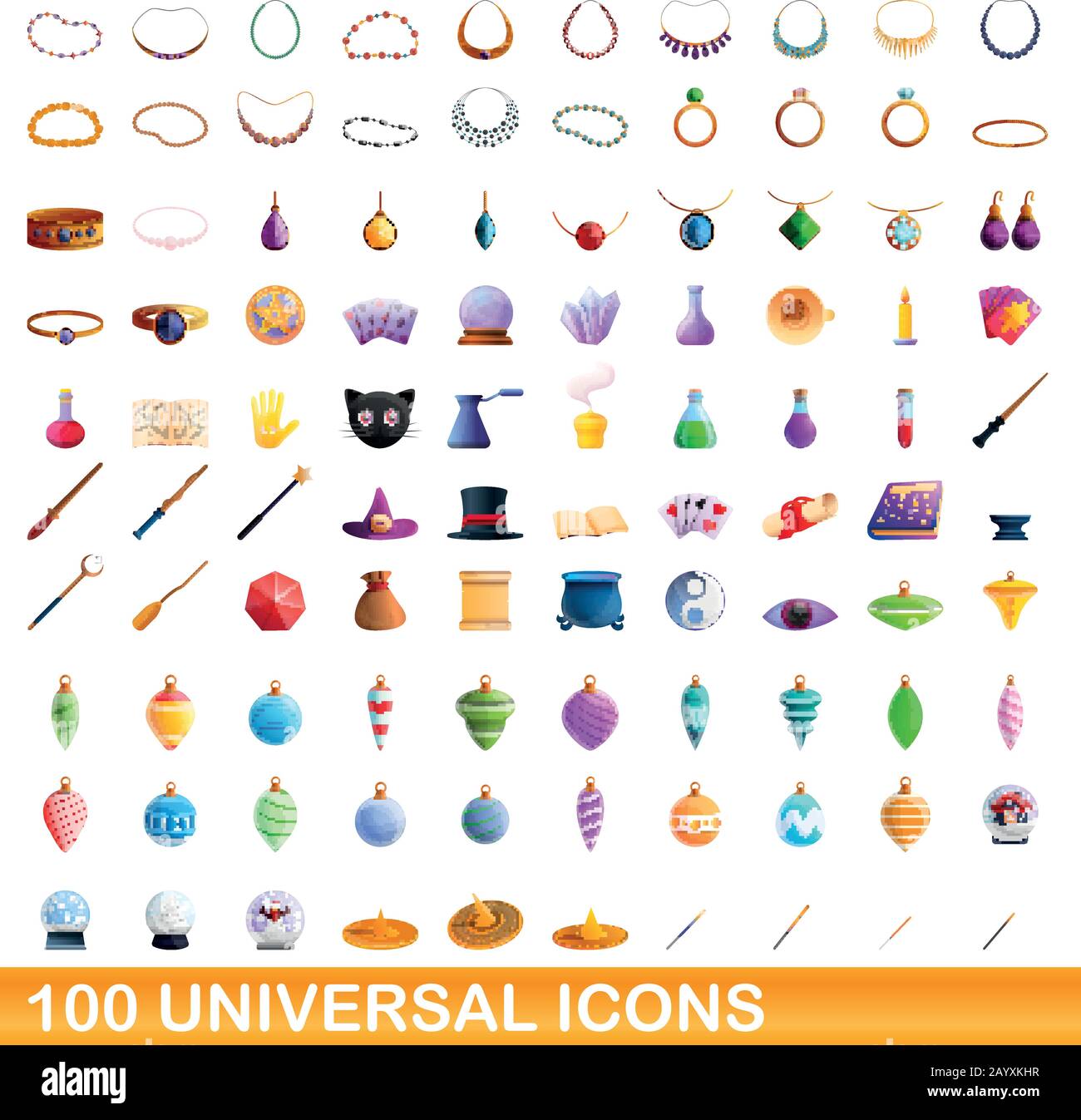 100 universal icons set. Cartoon illustration of 100 universal icons ...