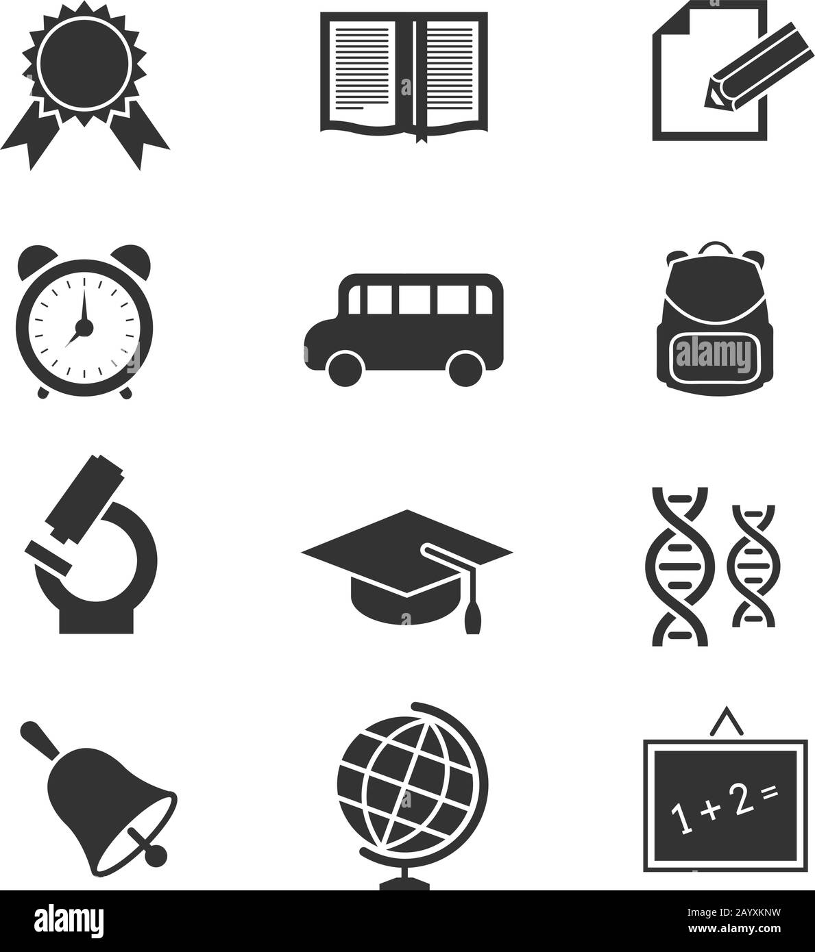 School and education vector icons. Blackboard and globe, cap and bell ...