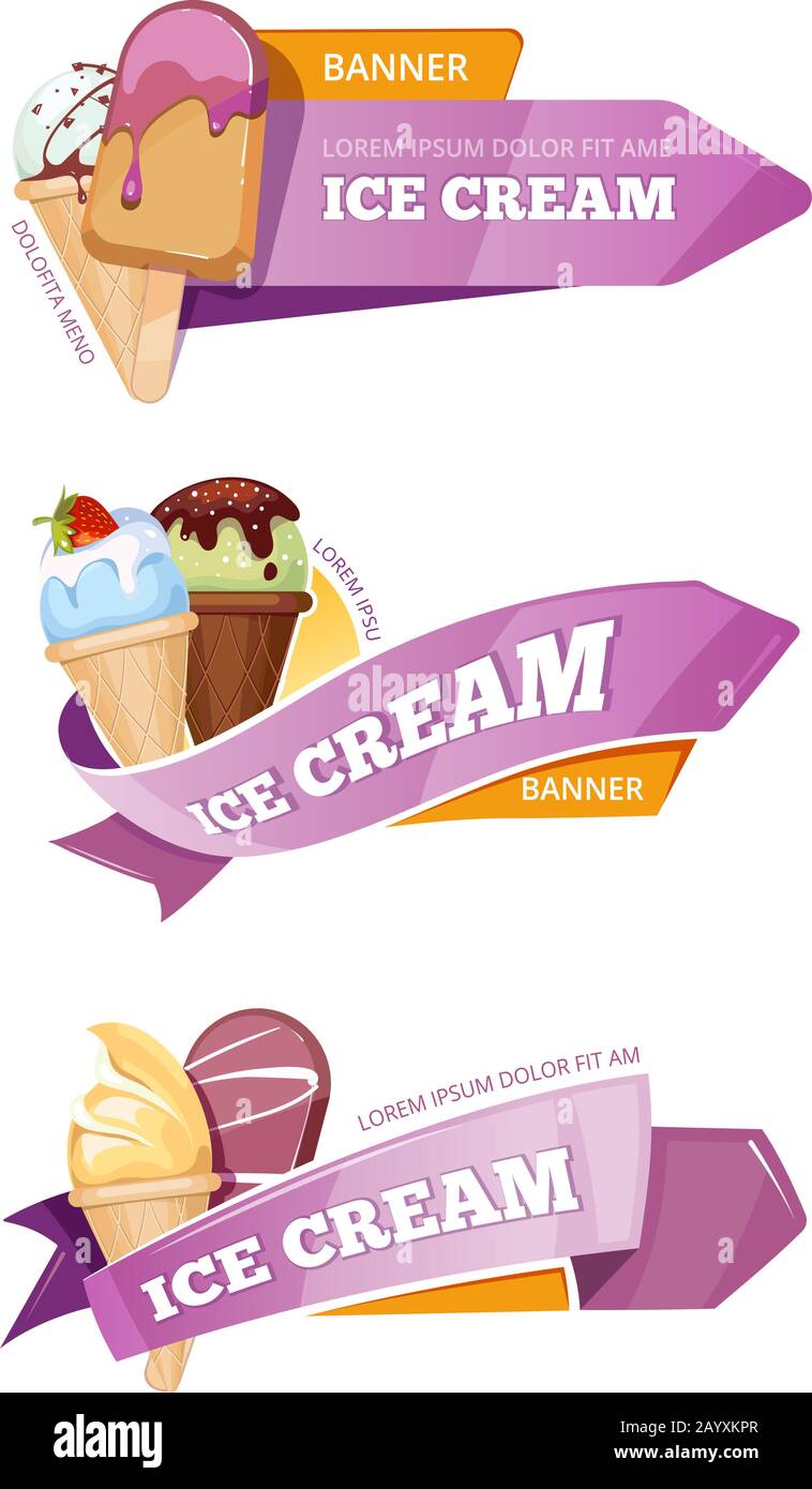 Sweet ice cream vector banners set. Ice cream in cone or on stick ...