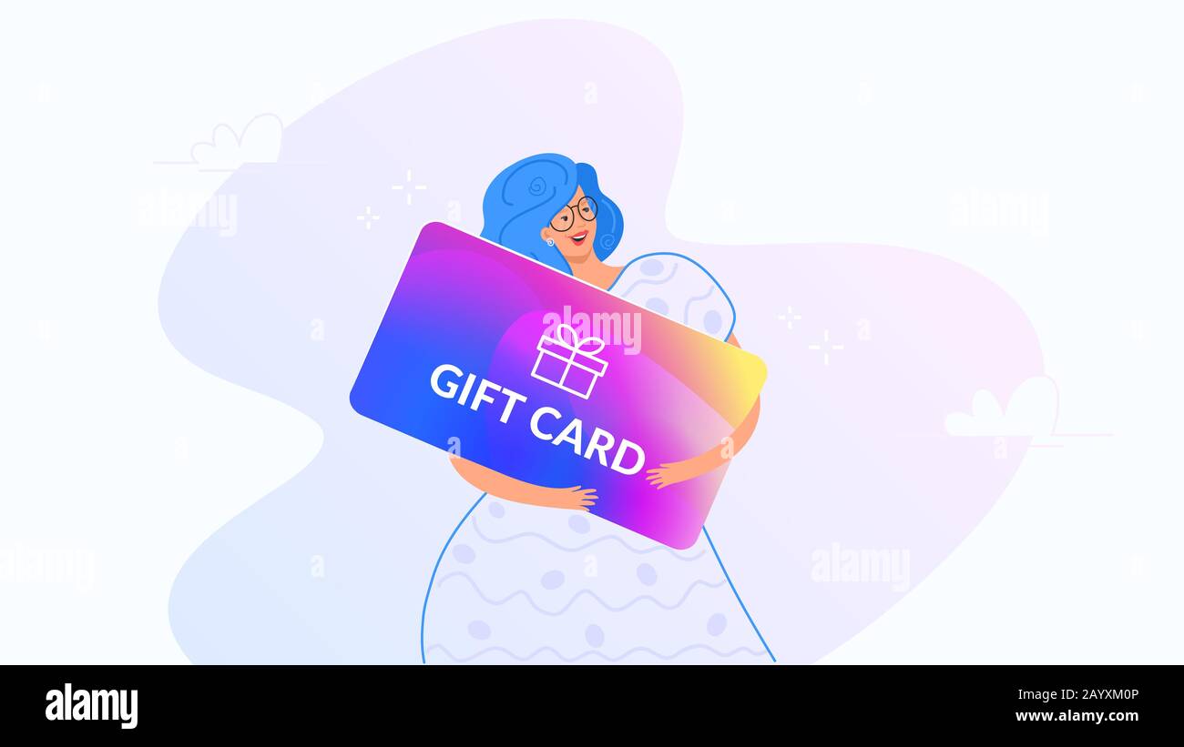 Happy smiling woman hugging big gift card. Gradient modern concept ...