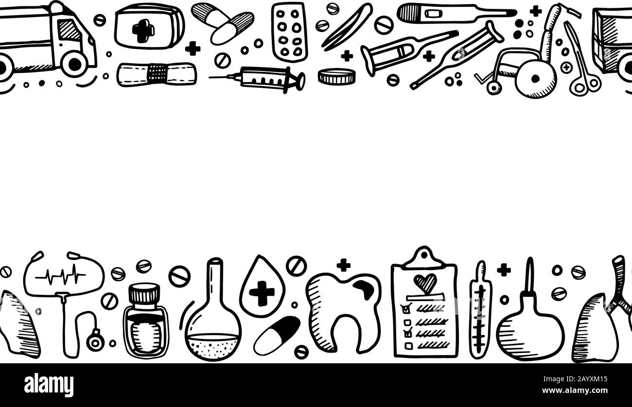 Horizontal pattern, seamless ribbon border with medical equipment in ...