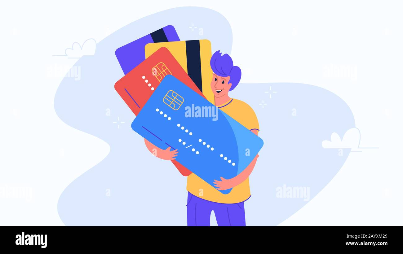 Happy smiling man hugging biggest credit cards. Flat modern concept ...