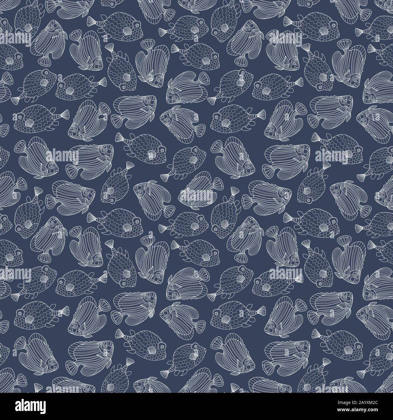 Seamless pattern with decorative fish in doodle style isolated on blue ...