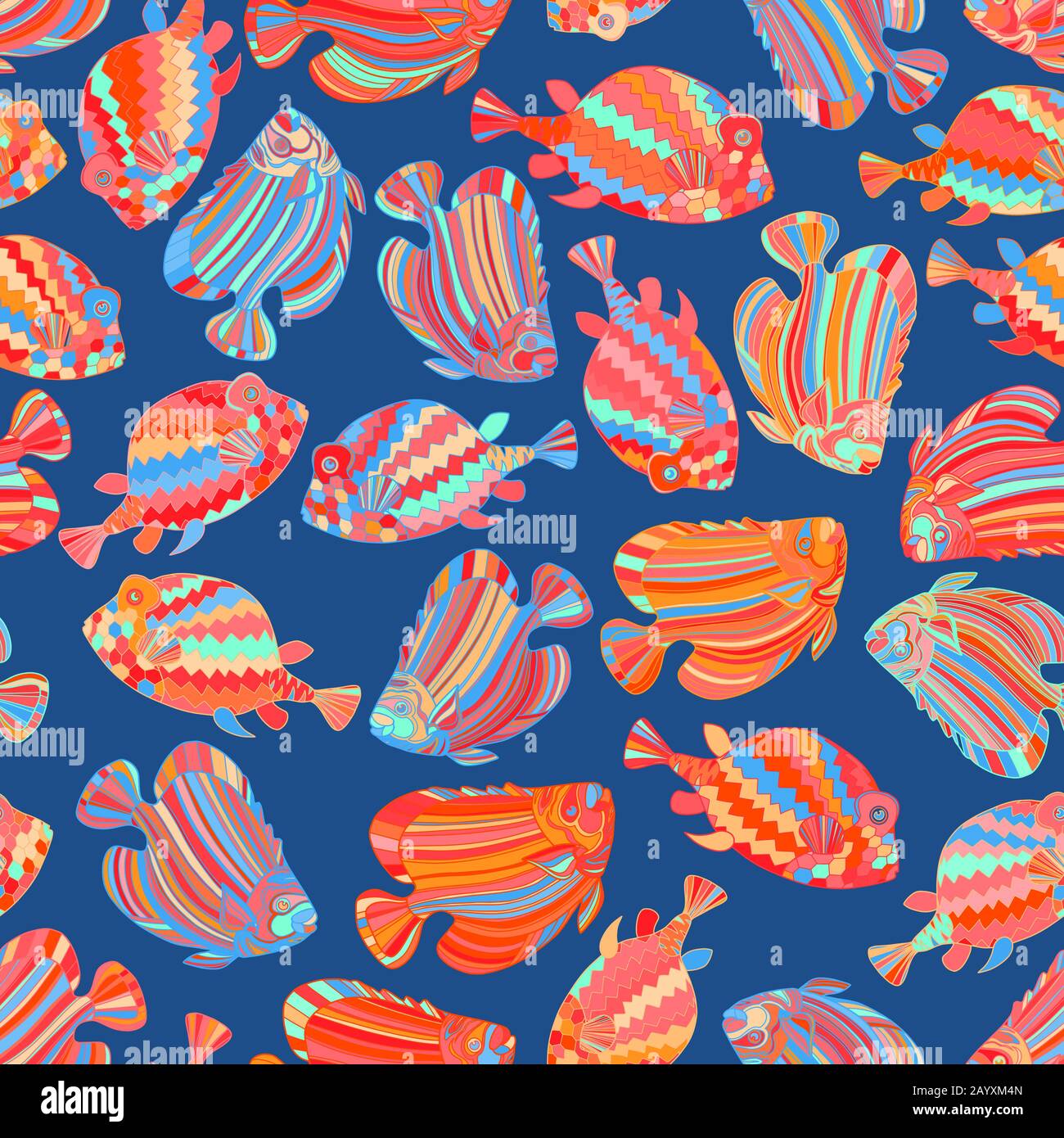 Seamless pattern with colored fish in doodle style isolated on trendy ...