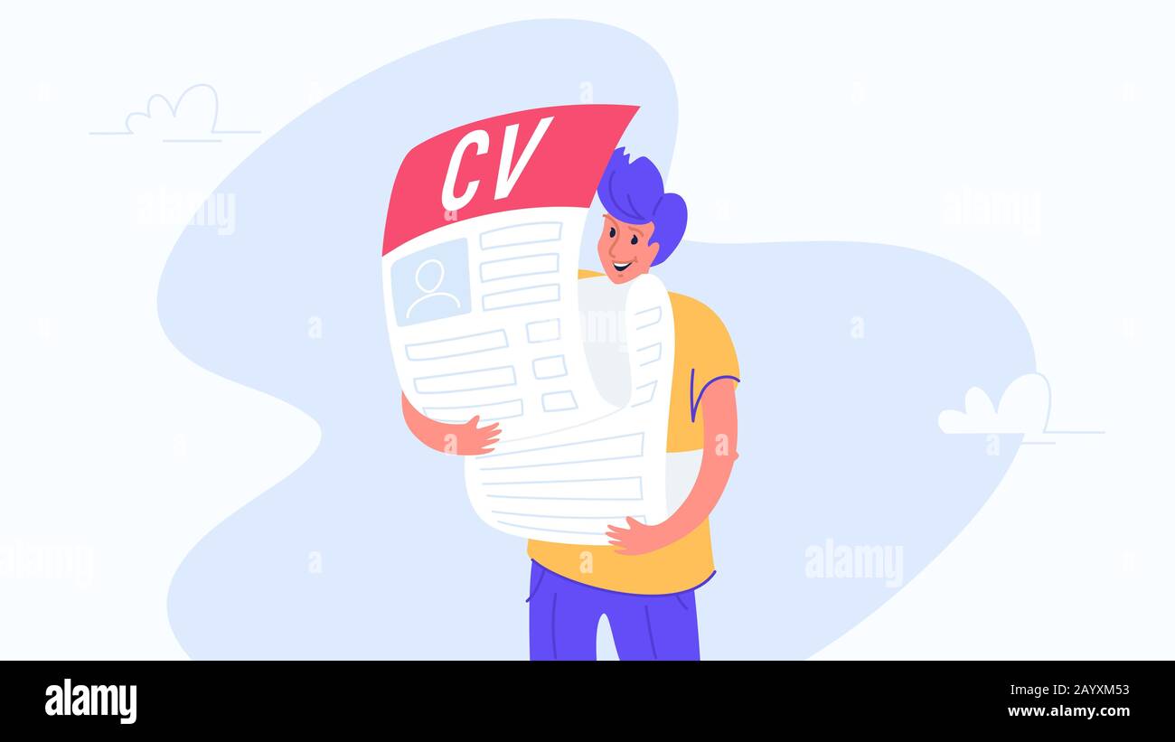 Happy smiling man hugging big cv fulfilled form to hr. Flat modern ...