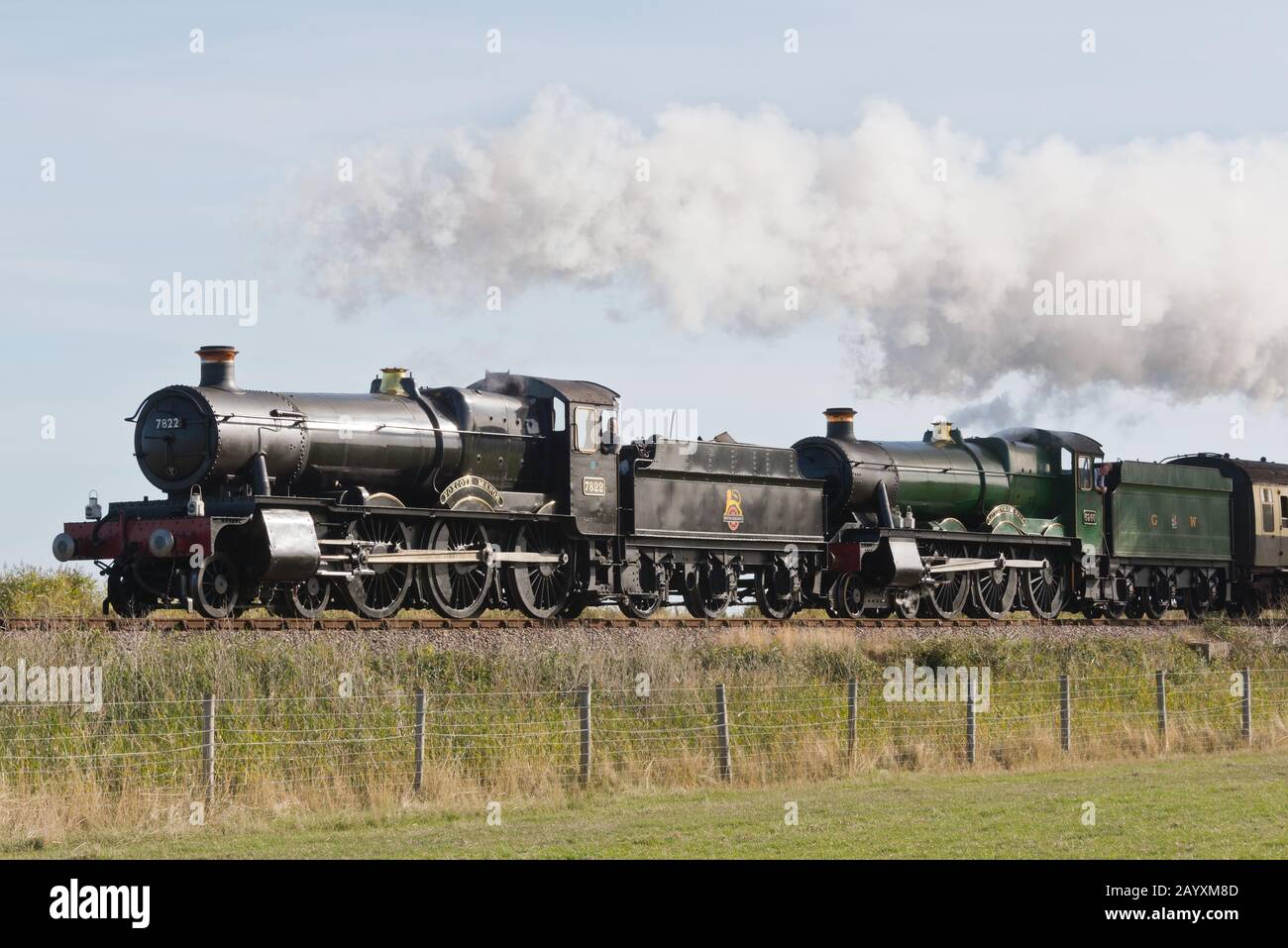 A double header train comprising of 6960 Raveningham Hall and 7822 ...