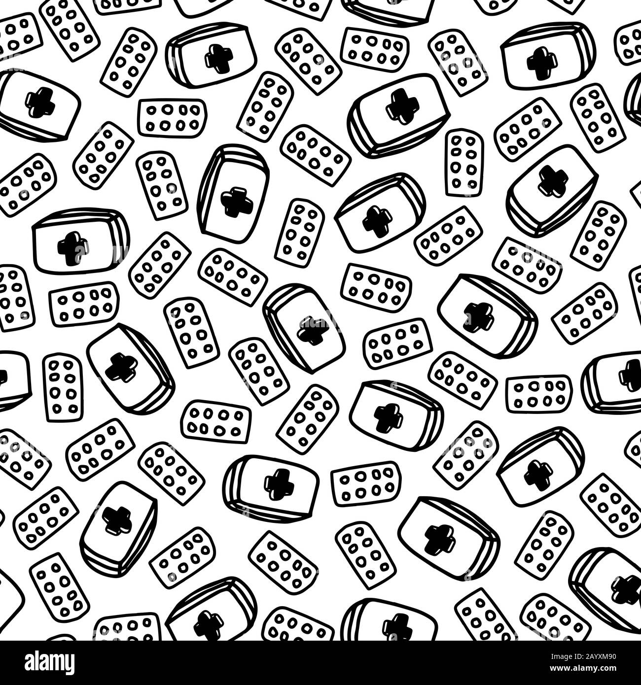 Medical seamless pattern with first aid kit and tablets in doodle style ...