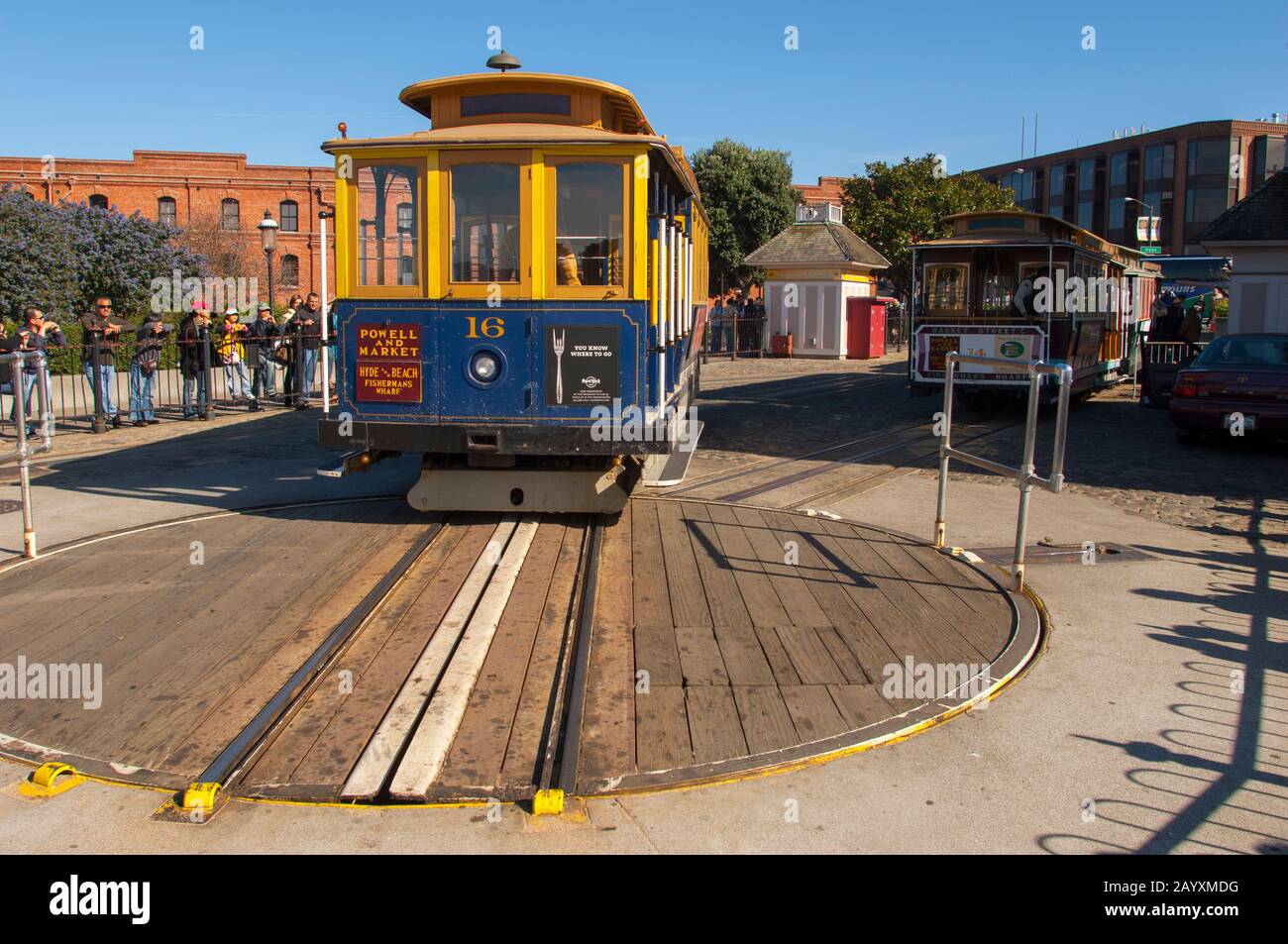 A cable car trolley on a turntable in San Francisco, California, USA ...