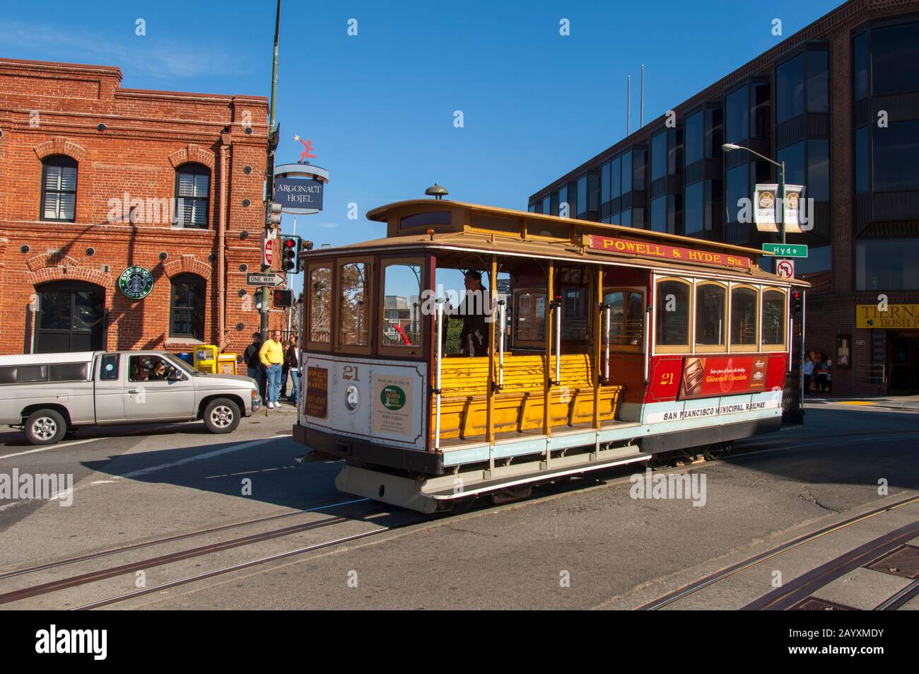 A cable car trolley in the streets of San Francisco, California, USA ...