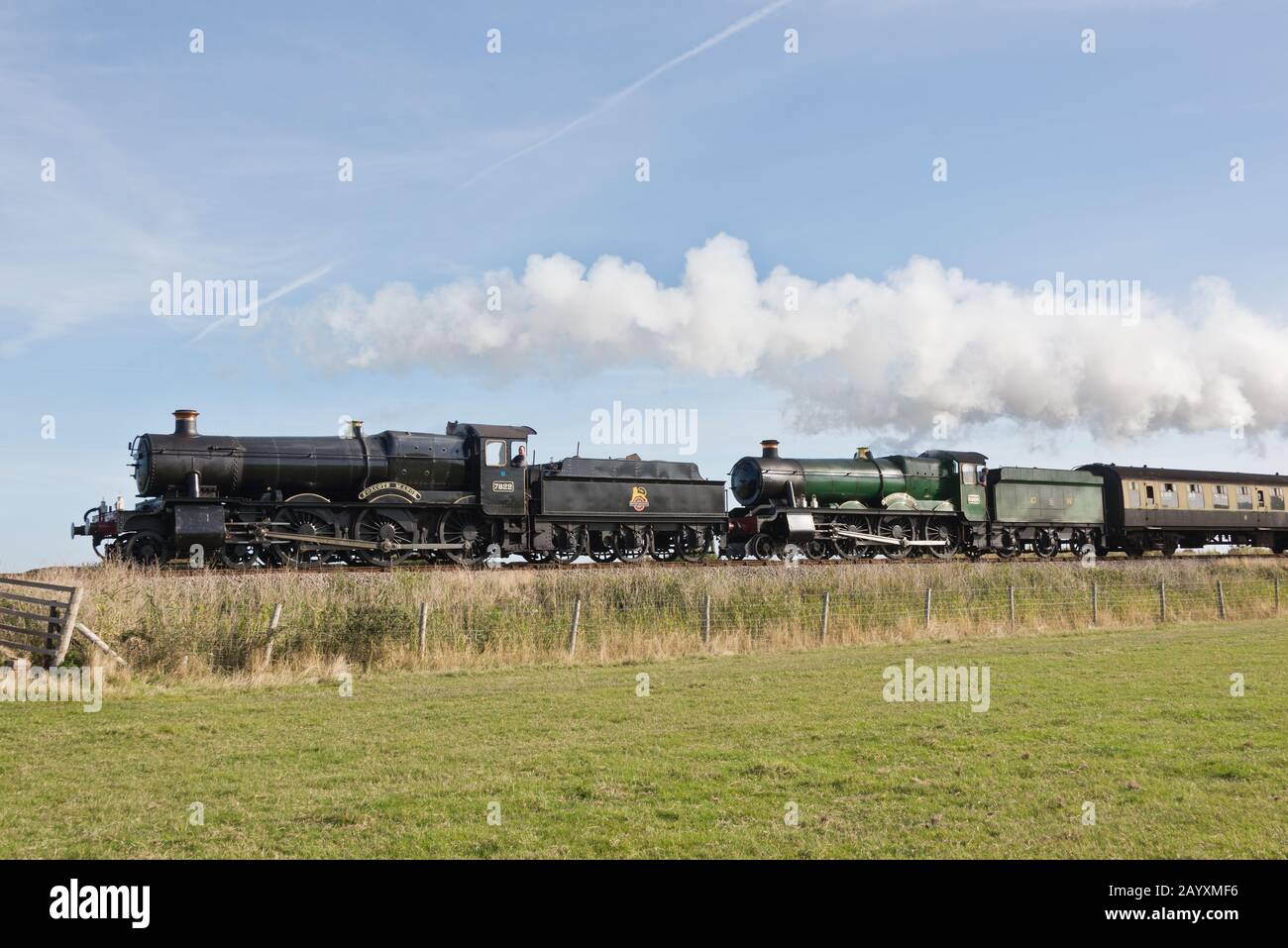 A double header train comprising of 6960 Raveningham Hall and 7822 ...