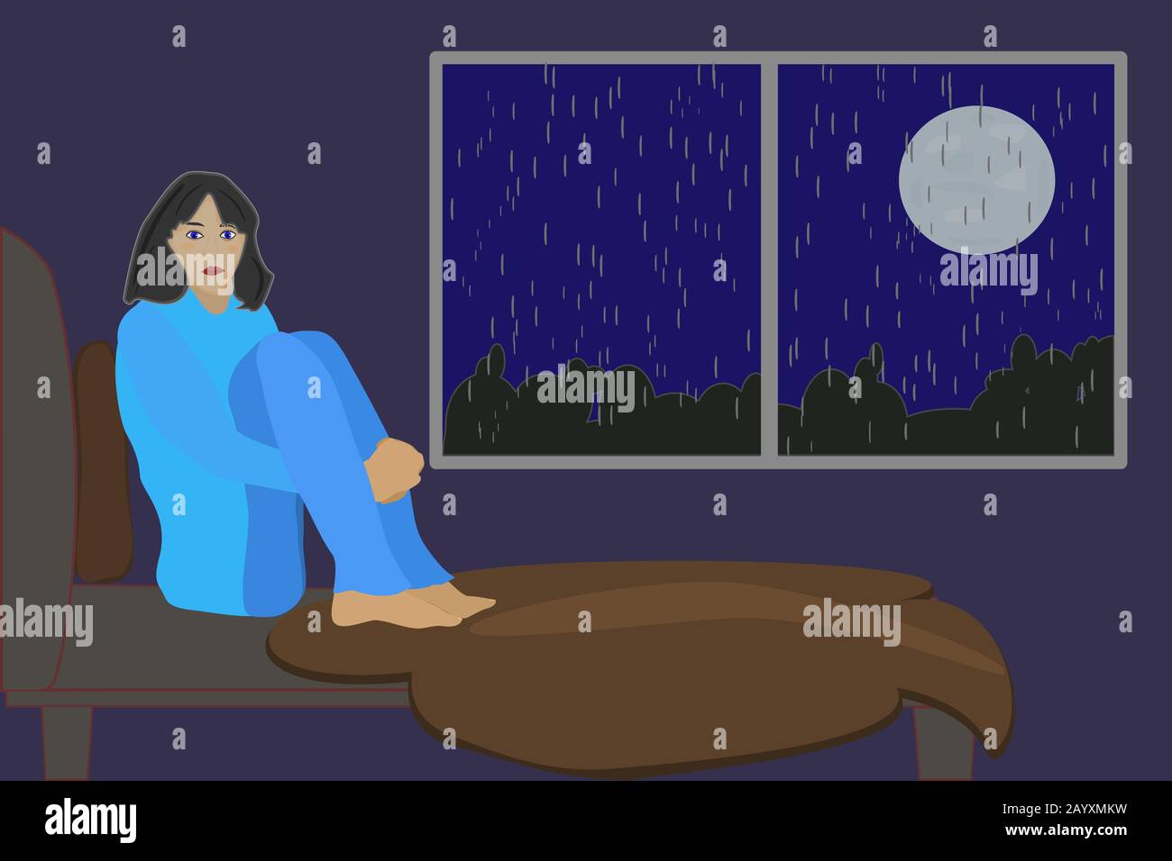 Sad girl sitting on bed Stock Vector Images - Alamy