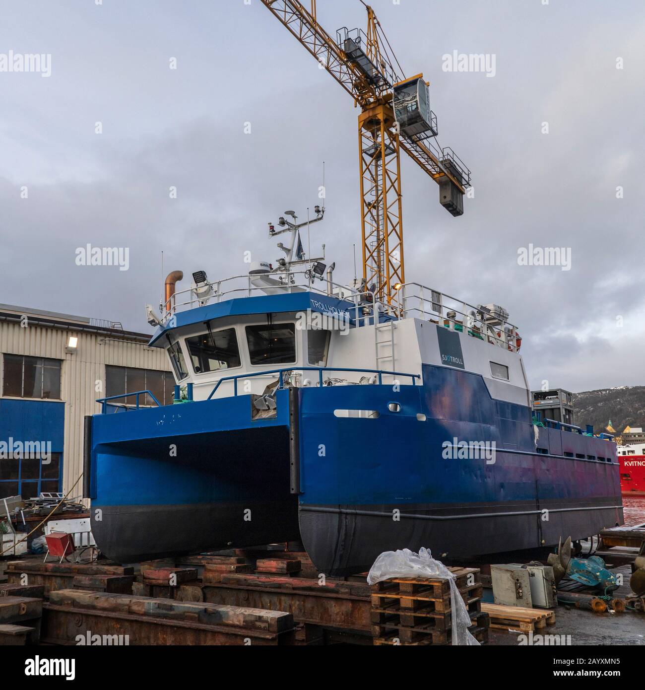 Work catamaran for fish farming, Trollholmen, at shipyard in ...