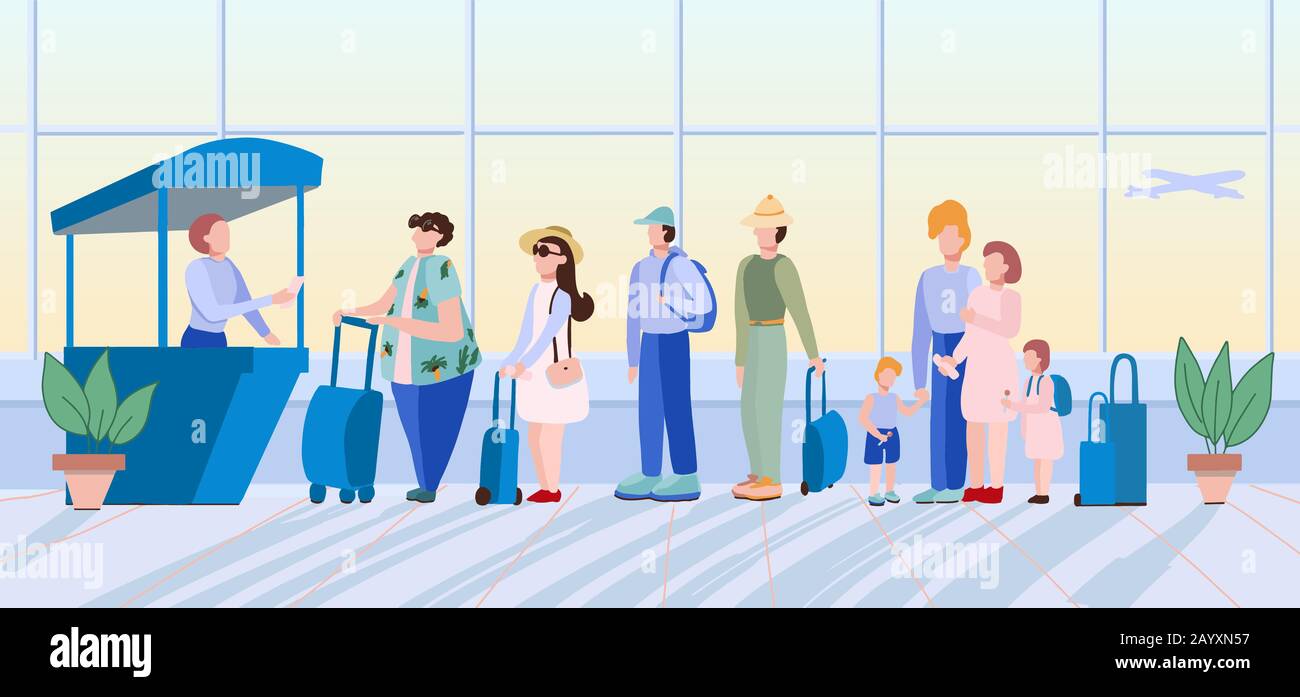 Queue at the airport.Flat concept with people.Registration.People ...