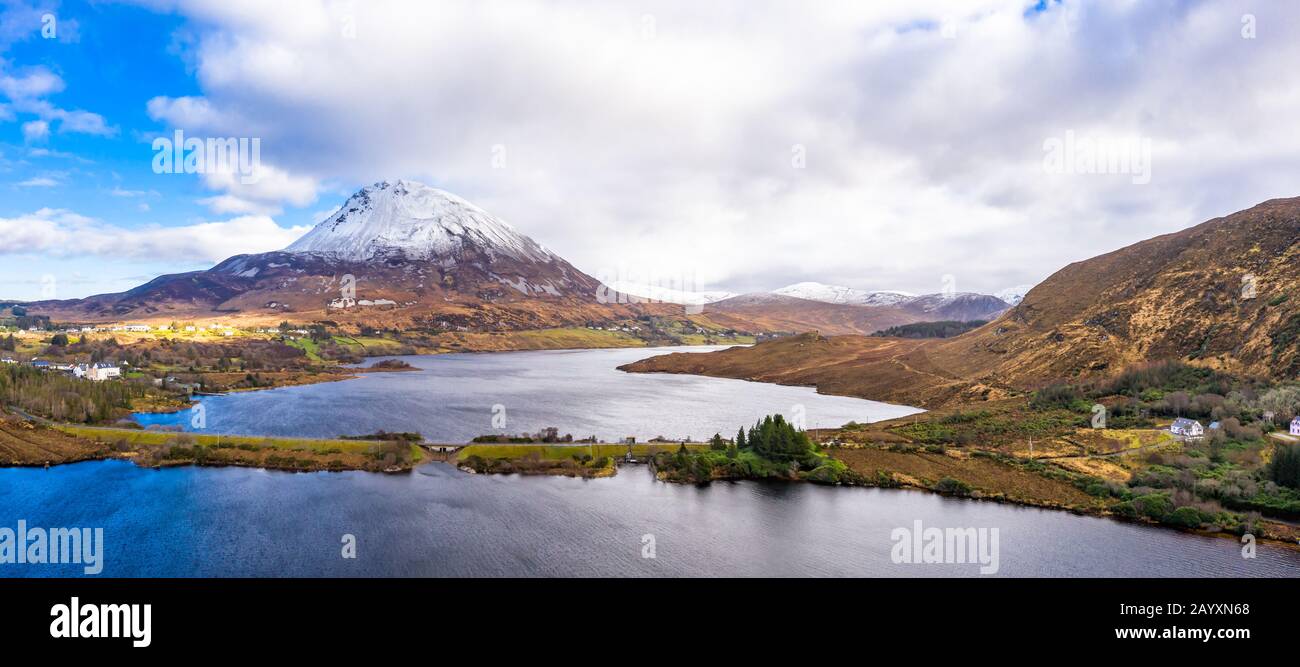 Aerial view of Mount Errigal, the highest mountain in Donegal - Ireland ...
