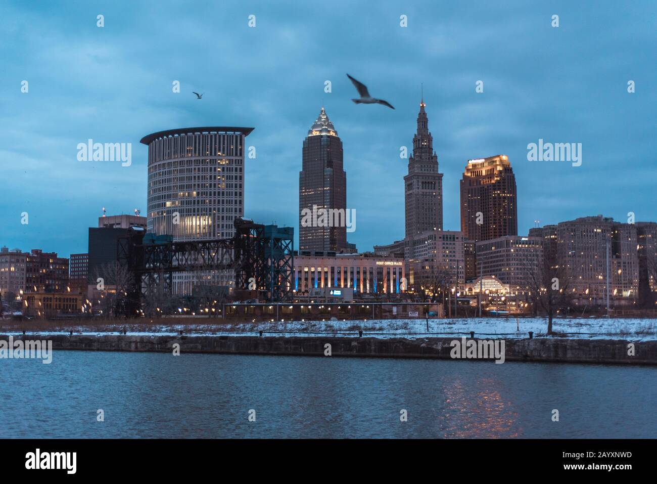 Cleveland Skyline during the winter from the flats Stock Photo - Alamy