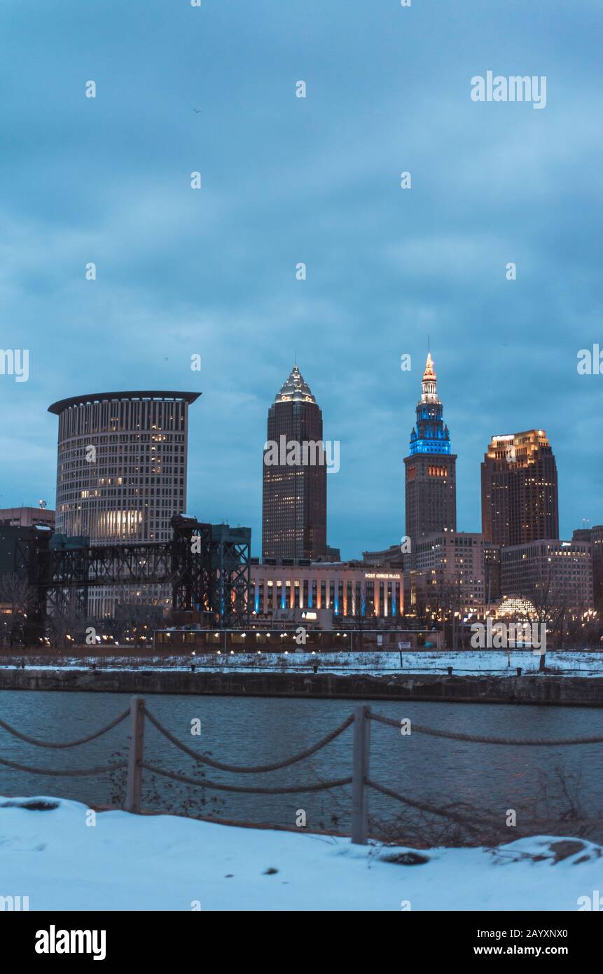 Cleveland Skyline during the winter from the flats Stock Photo - Alamy