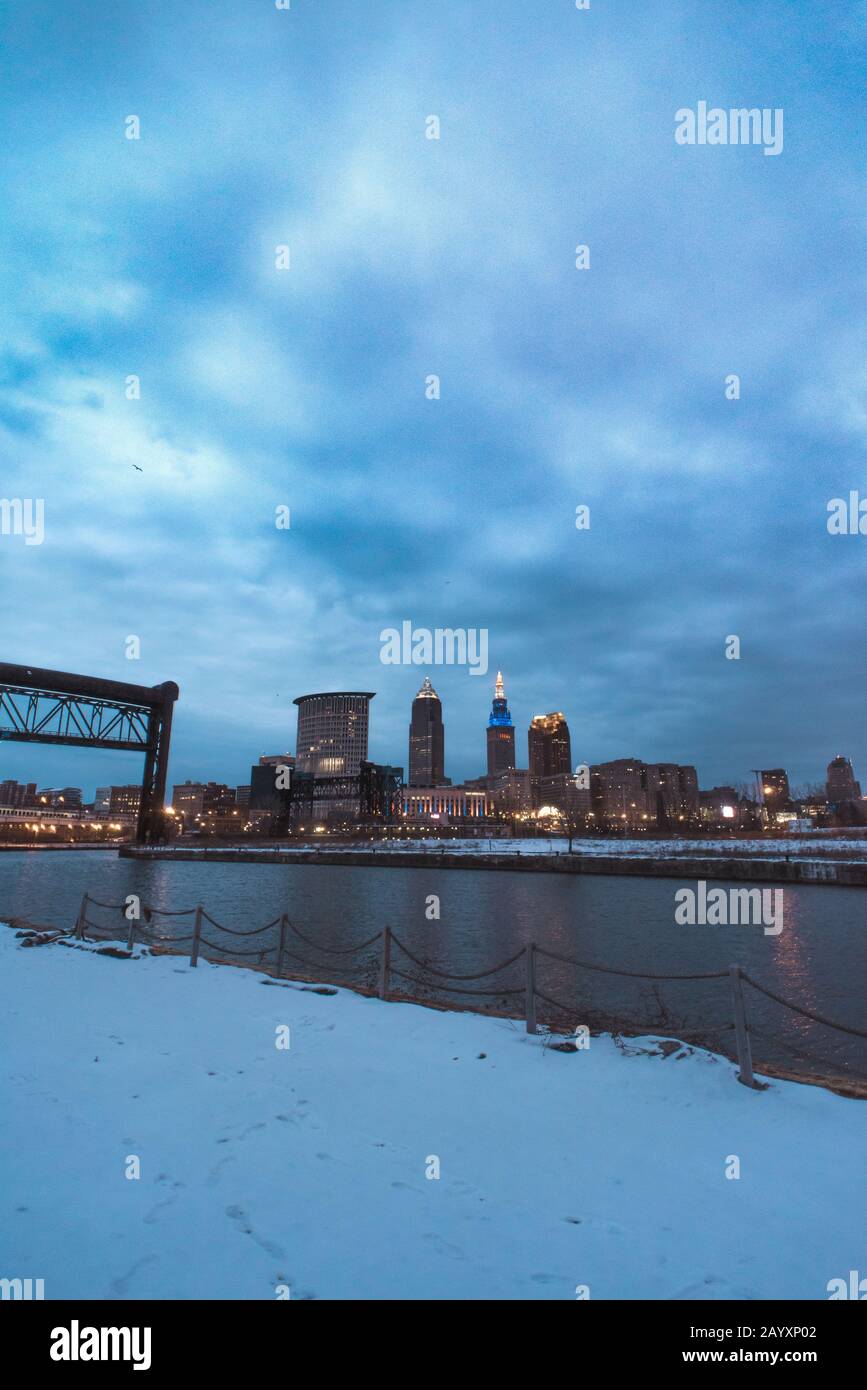 Cleveland Skyline during the winter from the flats Stock Photo - Alamy