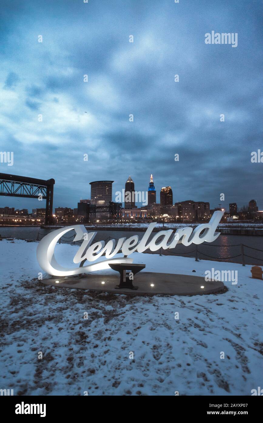 Cleveland Skyline during the winter from the flats Stock Photo - Alamy