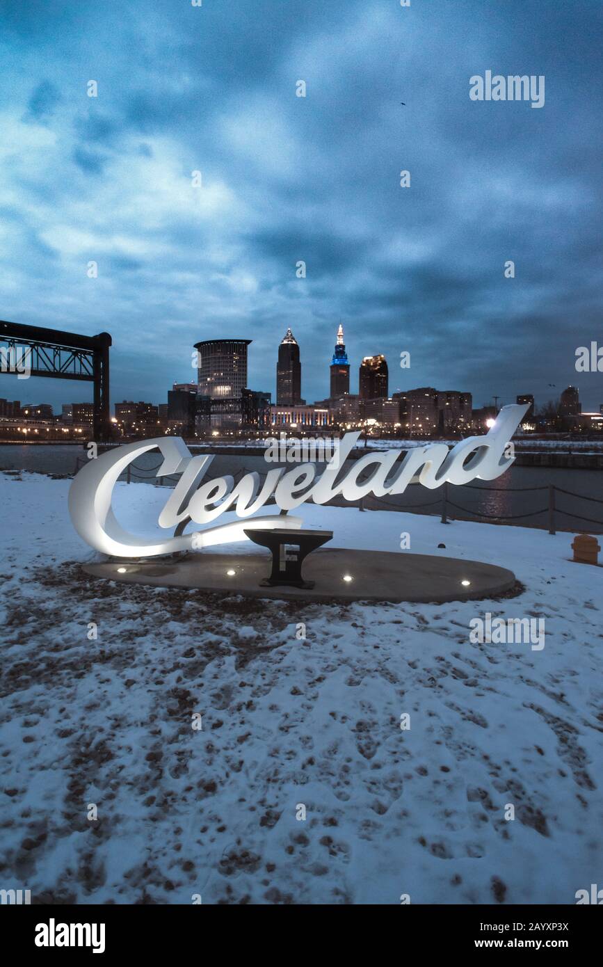 Cleveland Skyline during the winter from the flats Stock Photo - Alamy
