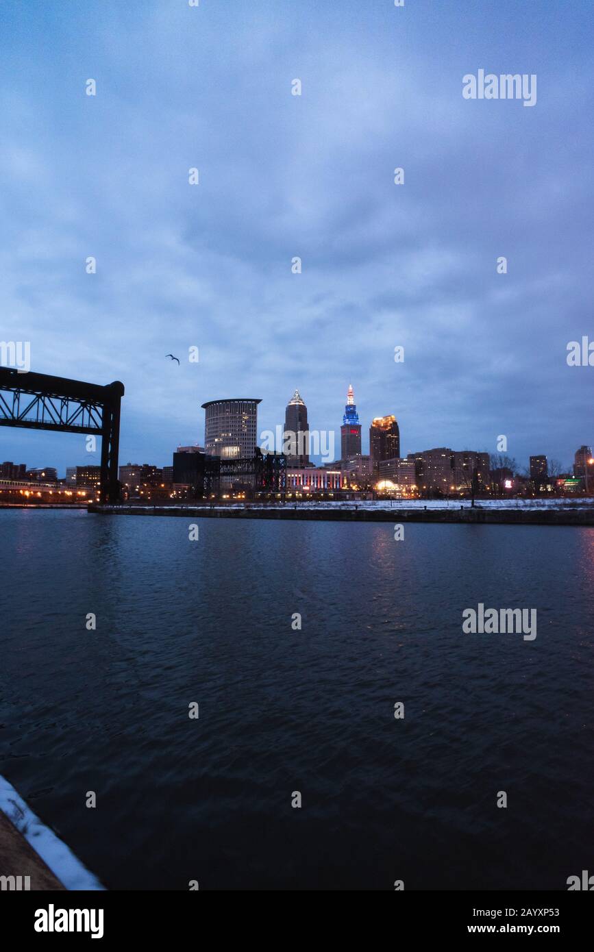 Cleveland Skyline during the winter from the flats Stock Photo - Alamy