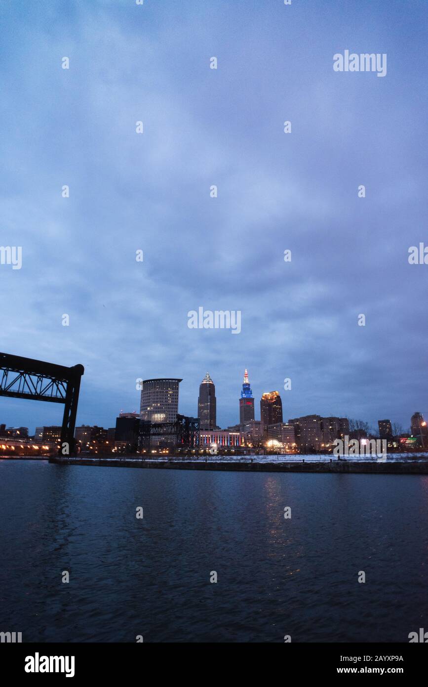 Cleveland Skyline during the winter from the flats Stock Photo - Alamy