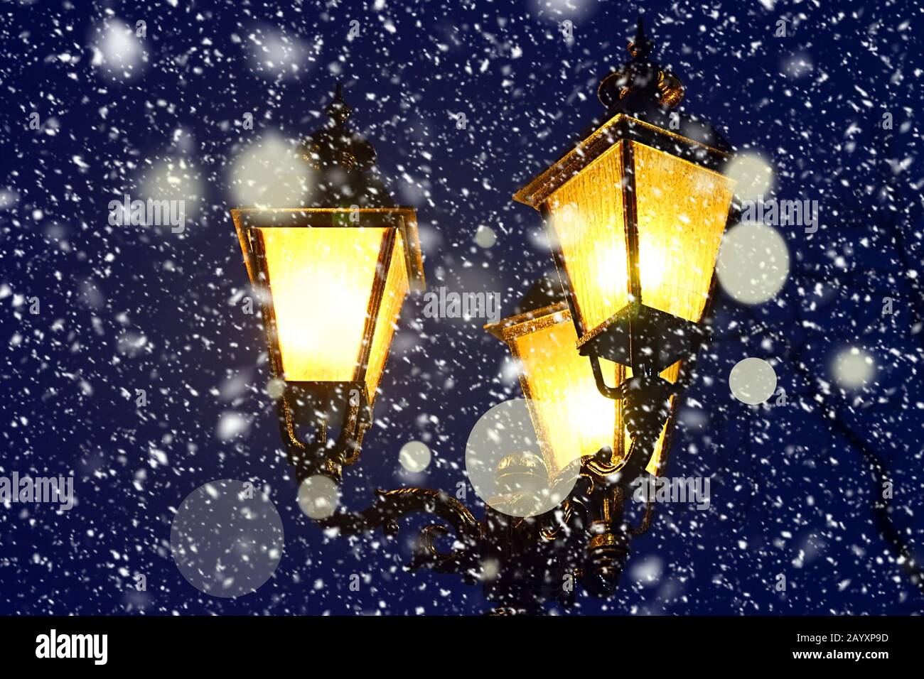 Lamp Post At Night Snow