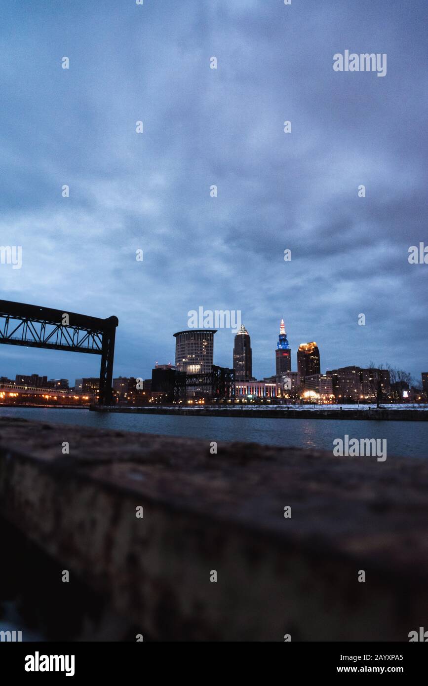 Cleveland Skyline during the winter from the flats Stock Photo - Alamy