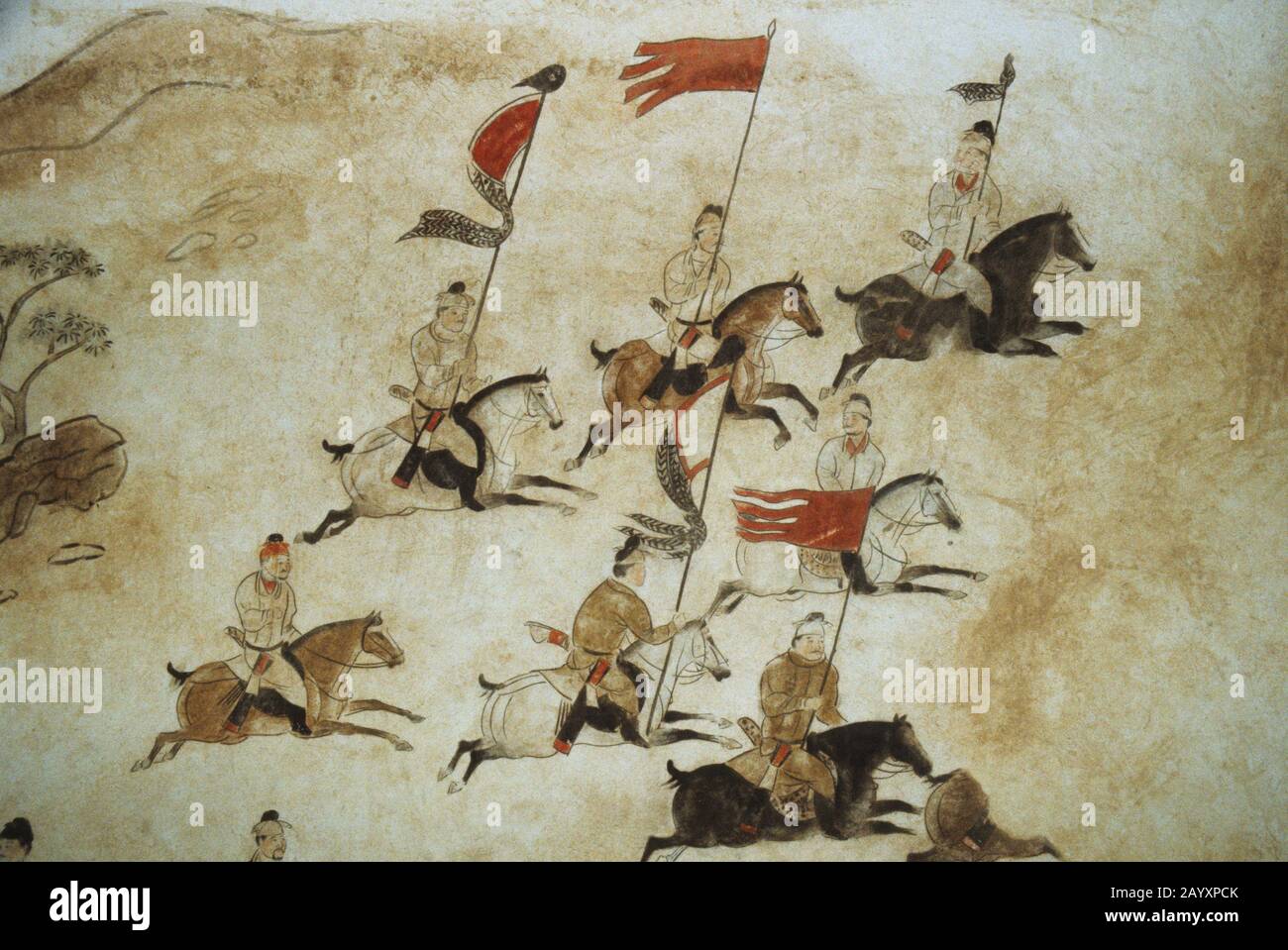 Murals picturing soldiers on horseback on the wall of the Qianling ...