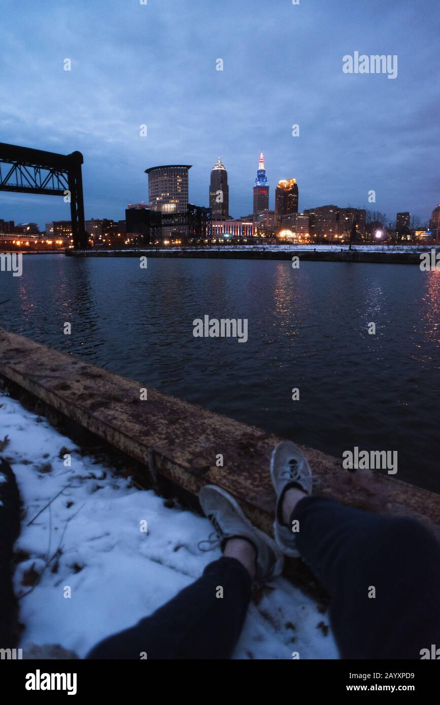 Cleveland Skyline during the winter from the flats Stock Photo - Alamy