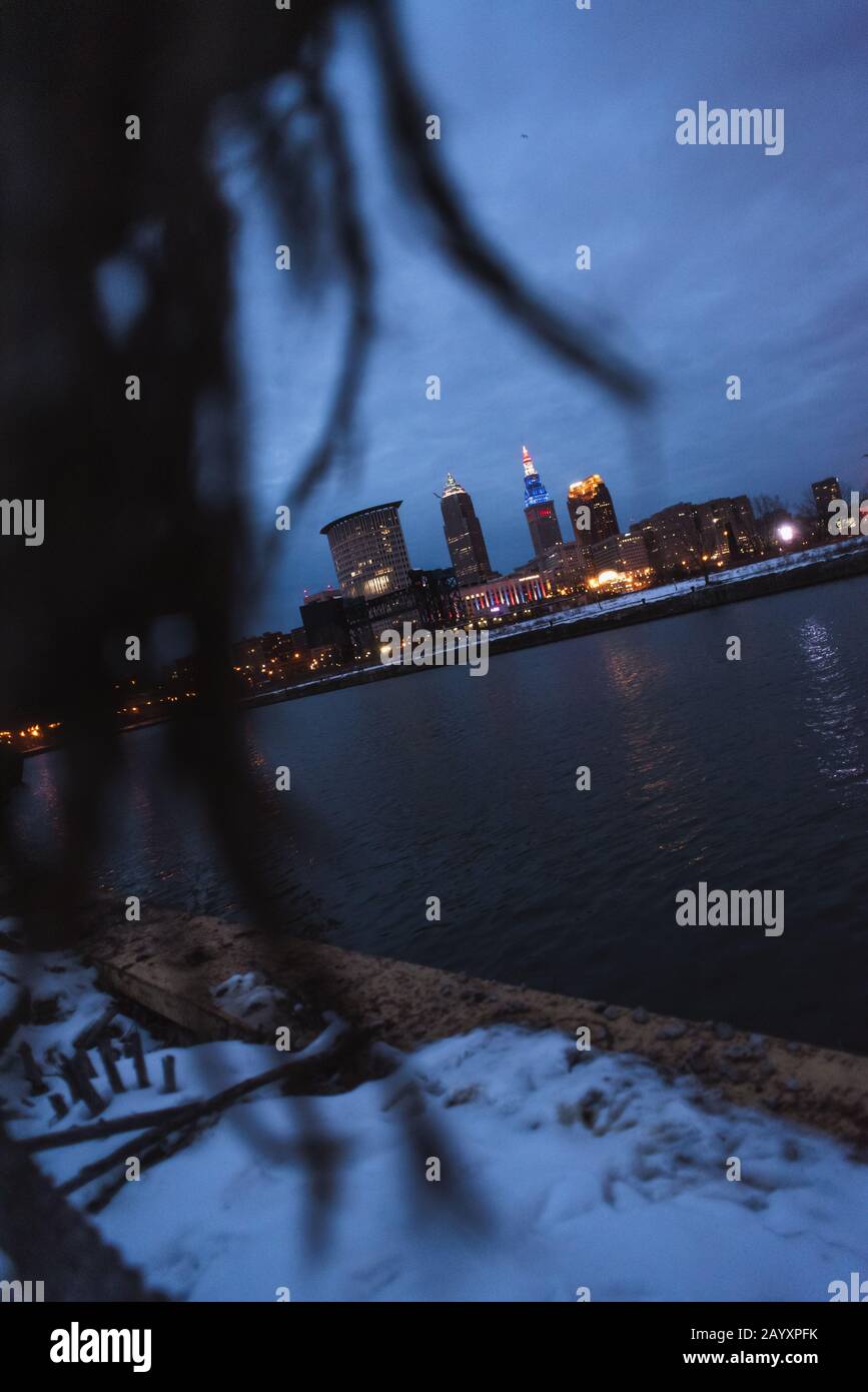 Cleveland Skyline during the winter from the flats Stock Photo - Alamy