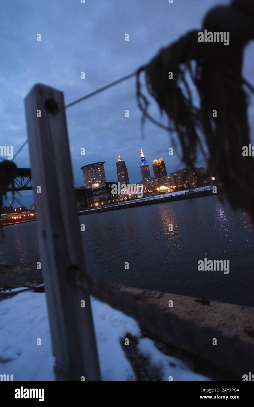 Cleveland Skyline during the winter from the flats Stock Photo - Alamy