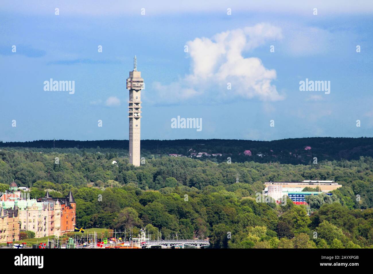 View of TV tower in Stockholm, Sweden. The tower is a major hub of ...